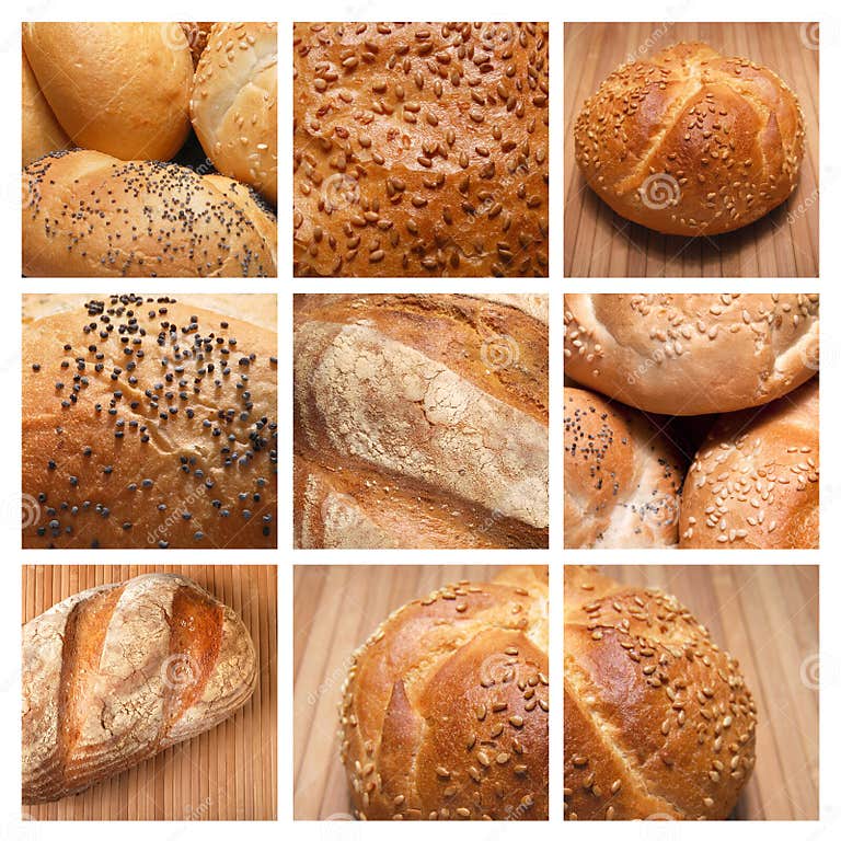 Collage - baked bread stock photo. Image of breakfast - 18496350