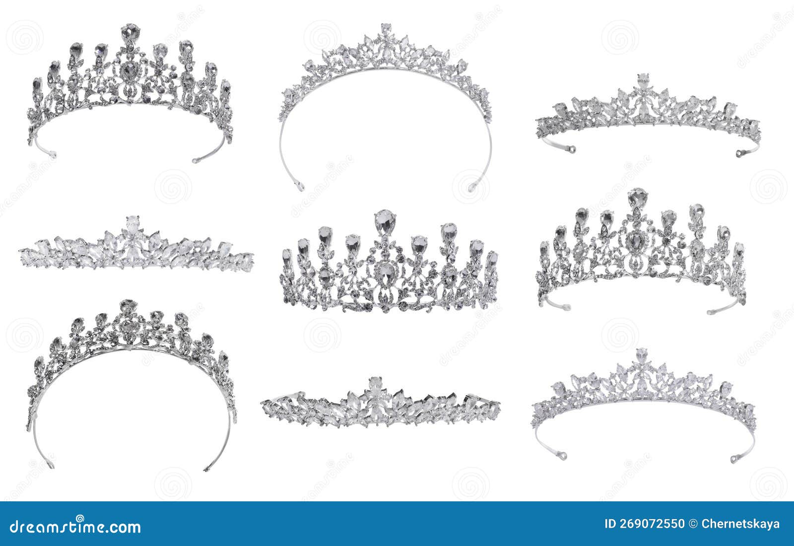 Collage of Beautiful Silver Tiaras with Diamonds on White Background ...