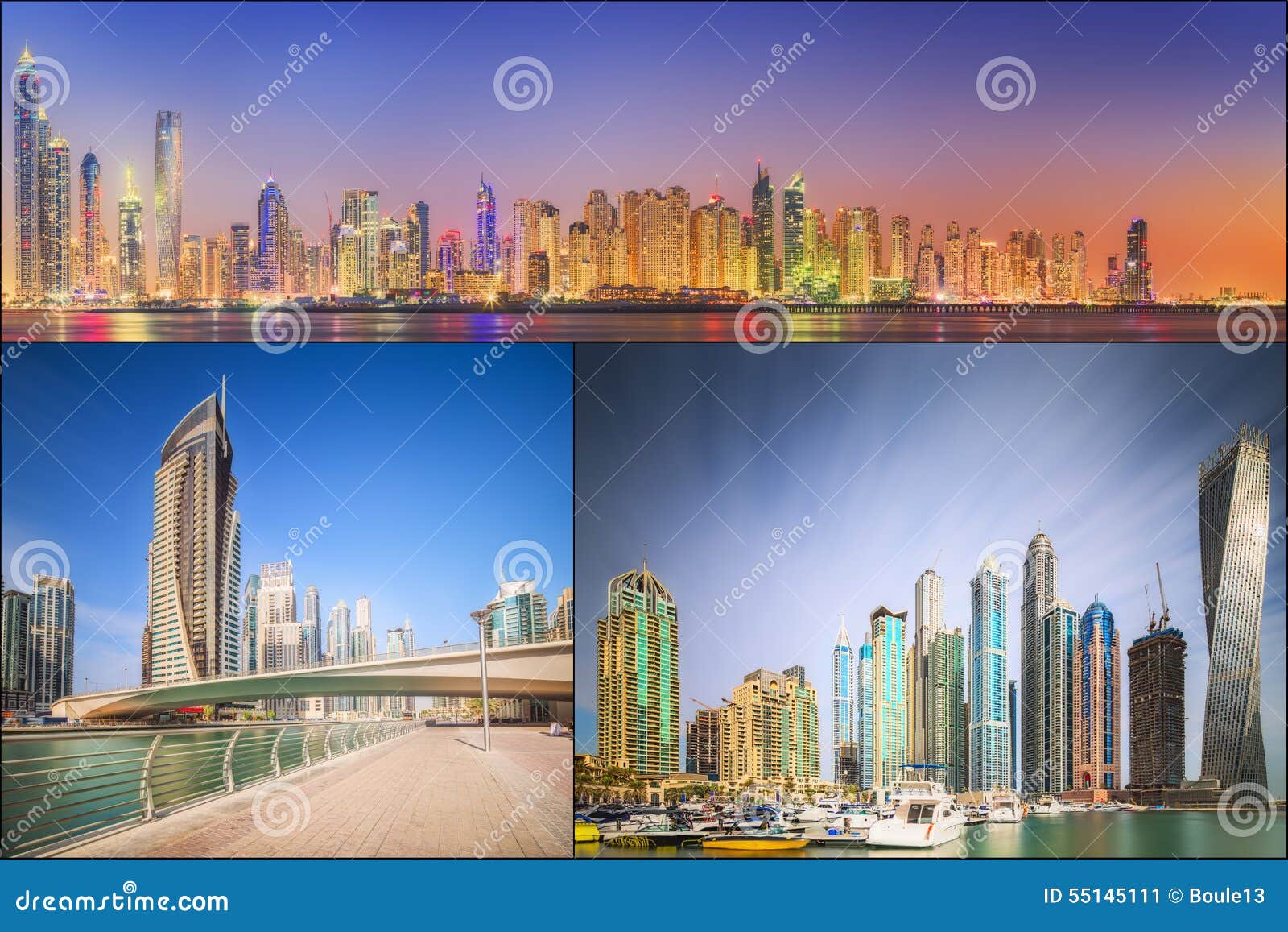 Collage of the Beauty Panorama at Dubai Marina. Stock Image - Image of ...