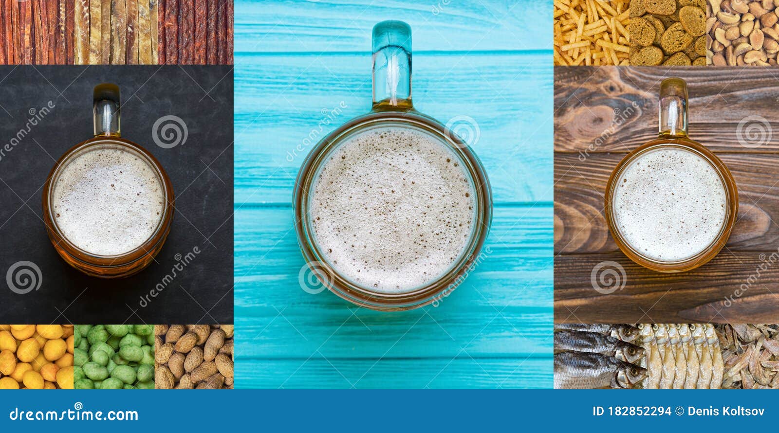 Collage of Beer Snacks and a Mug of Cold Foamy Beer. Stock Photo ...