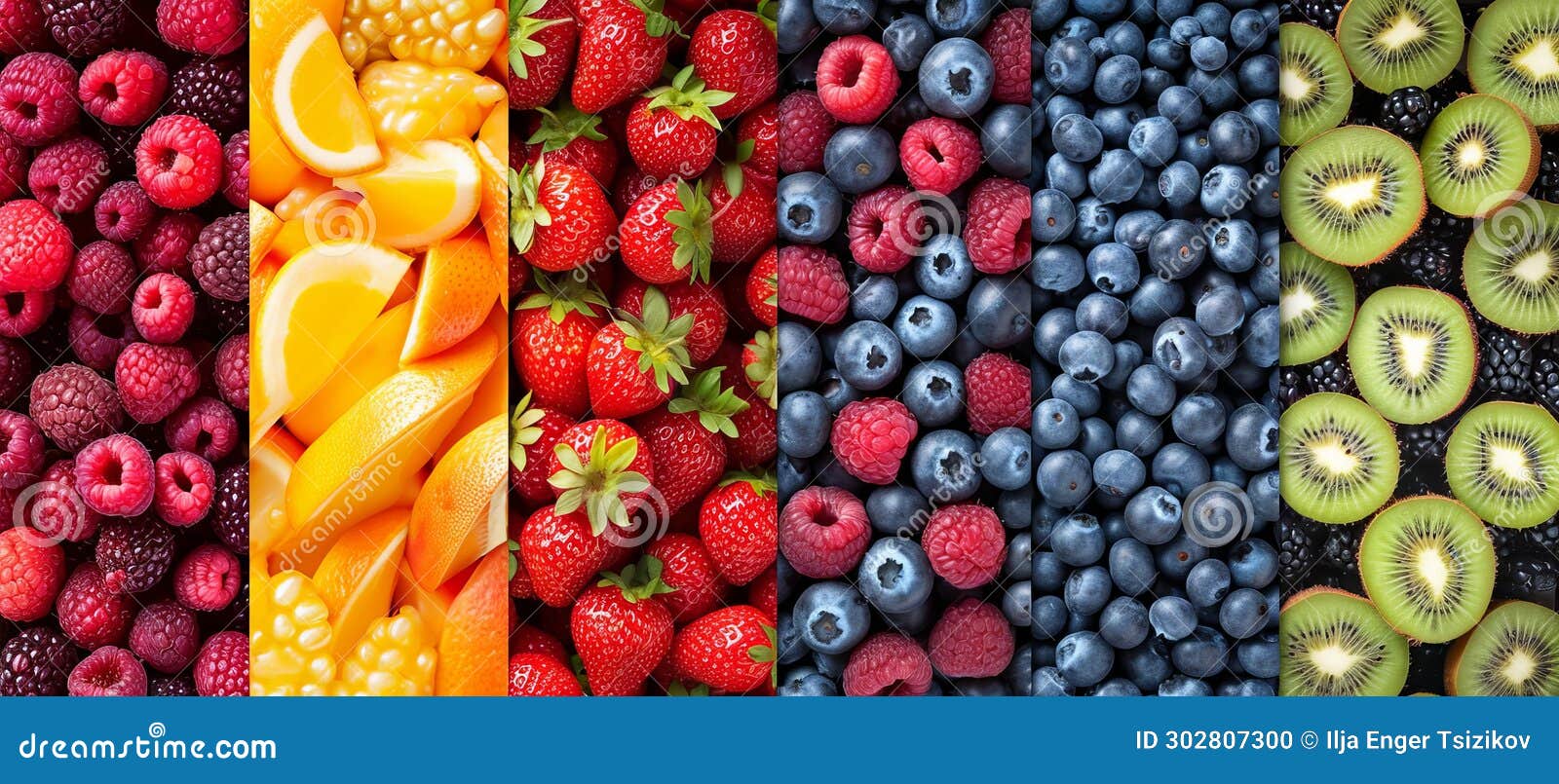 Collage of Berry Products Divided with White Vertical Lines Bright ...