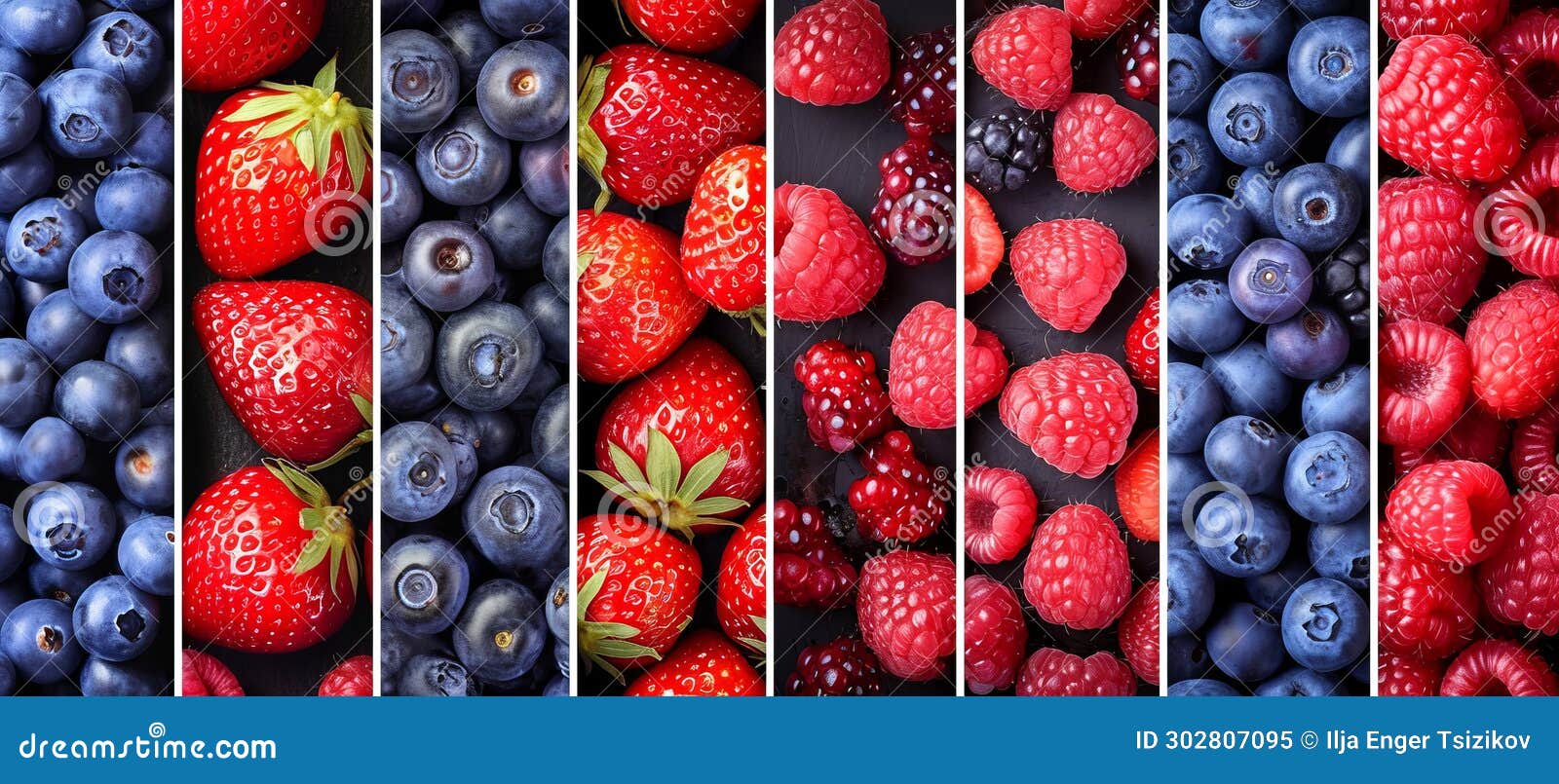 Collage of Berry Products Divided with White Vertical Lines Bright ...