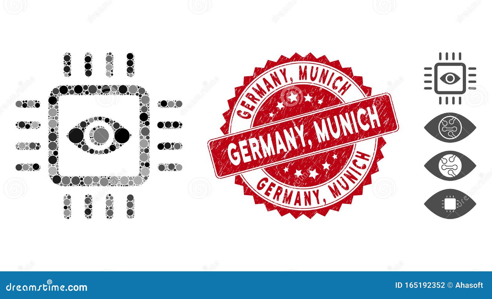 Collage Bionic Vision Chip Icon with Scratched Germany, Munich Seal ...