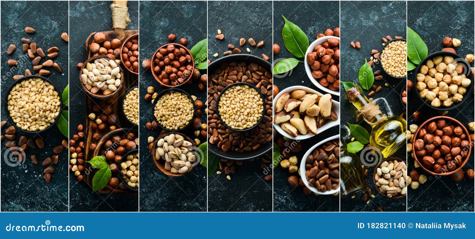 Collage. Black Background of Nuts Stock Photo - Image of almond, bowls ...