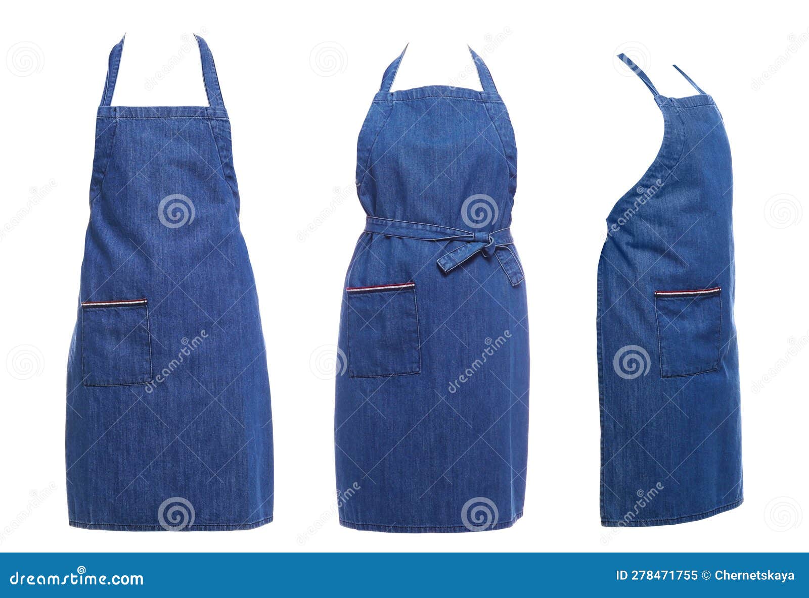 Collage with Blue Denim Apron Isolated on White, Different Sides Stock ...