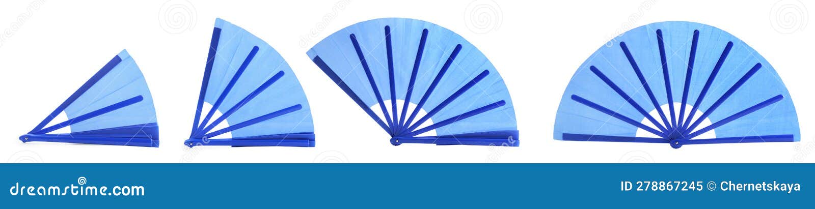 Collage with Blue Hand Fan on White Background, Different Sides Stock ...
