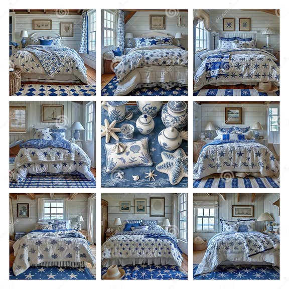 Collage of Boho Cape Cod Beachside Bedrooms in Blue and White. Stock ...