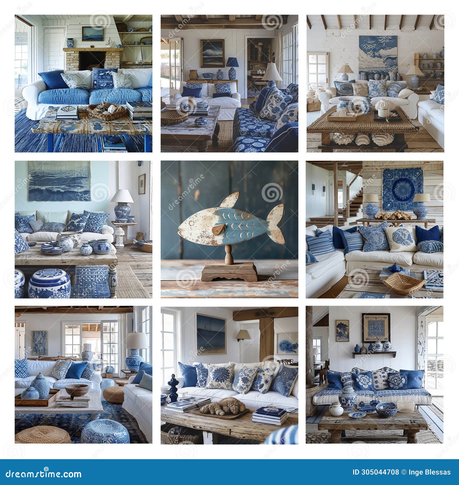 Collage Of Boho Eclectic Beachside Interiors In Blue And White. Royalty ...