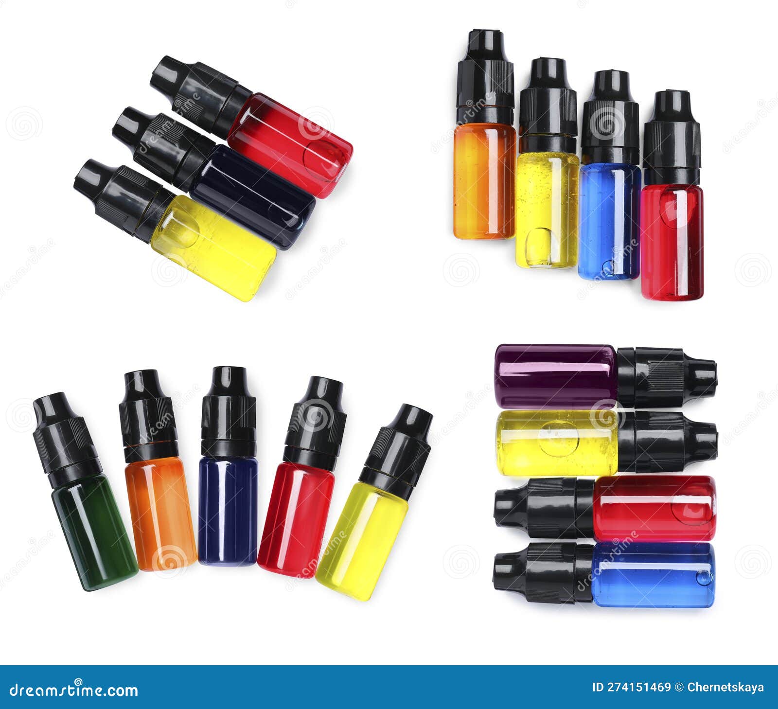 Collage of Bottles with Different Food Coloring Isolated on White, Top ...