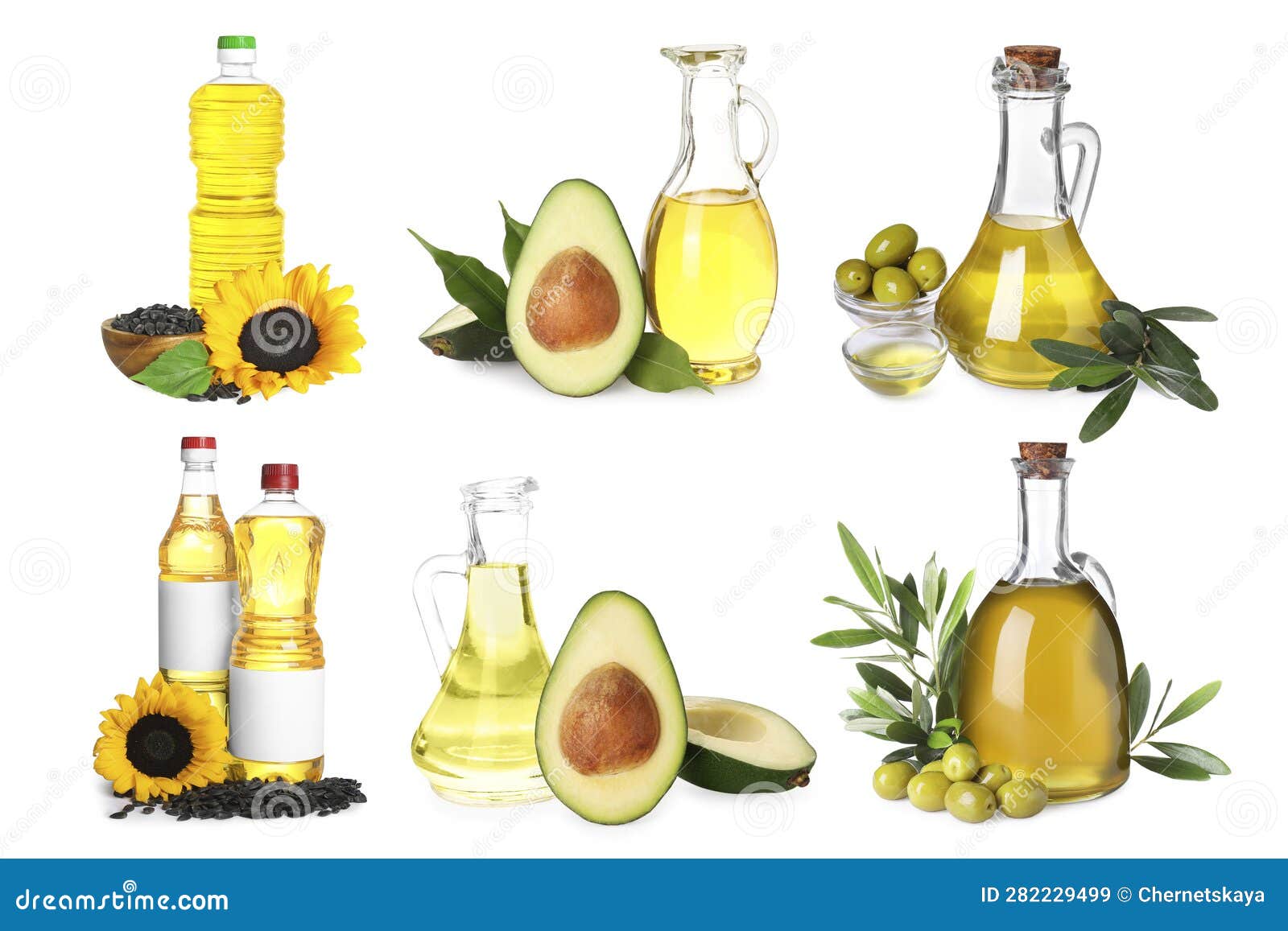 Collage with Bottles of Sunflower, Avocado and Olive Oils Isolated on ...