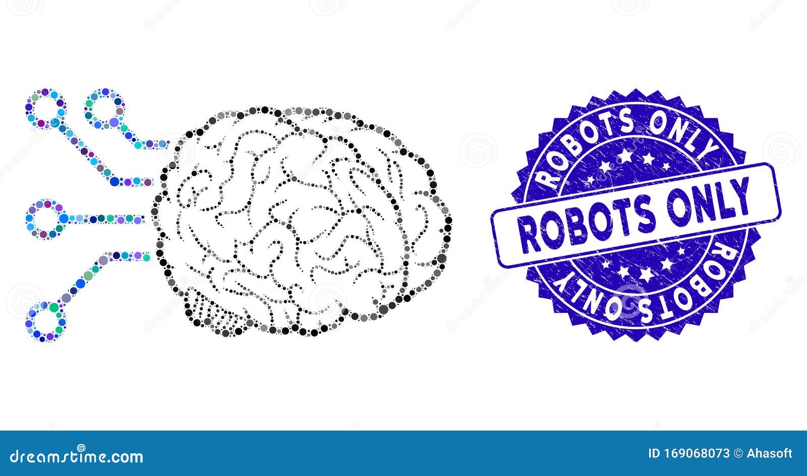 Collage Brain Computer Interface Icon with Grunge Robots only Stamp ...