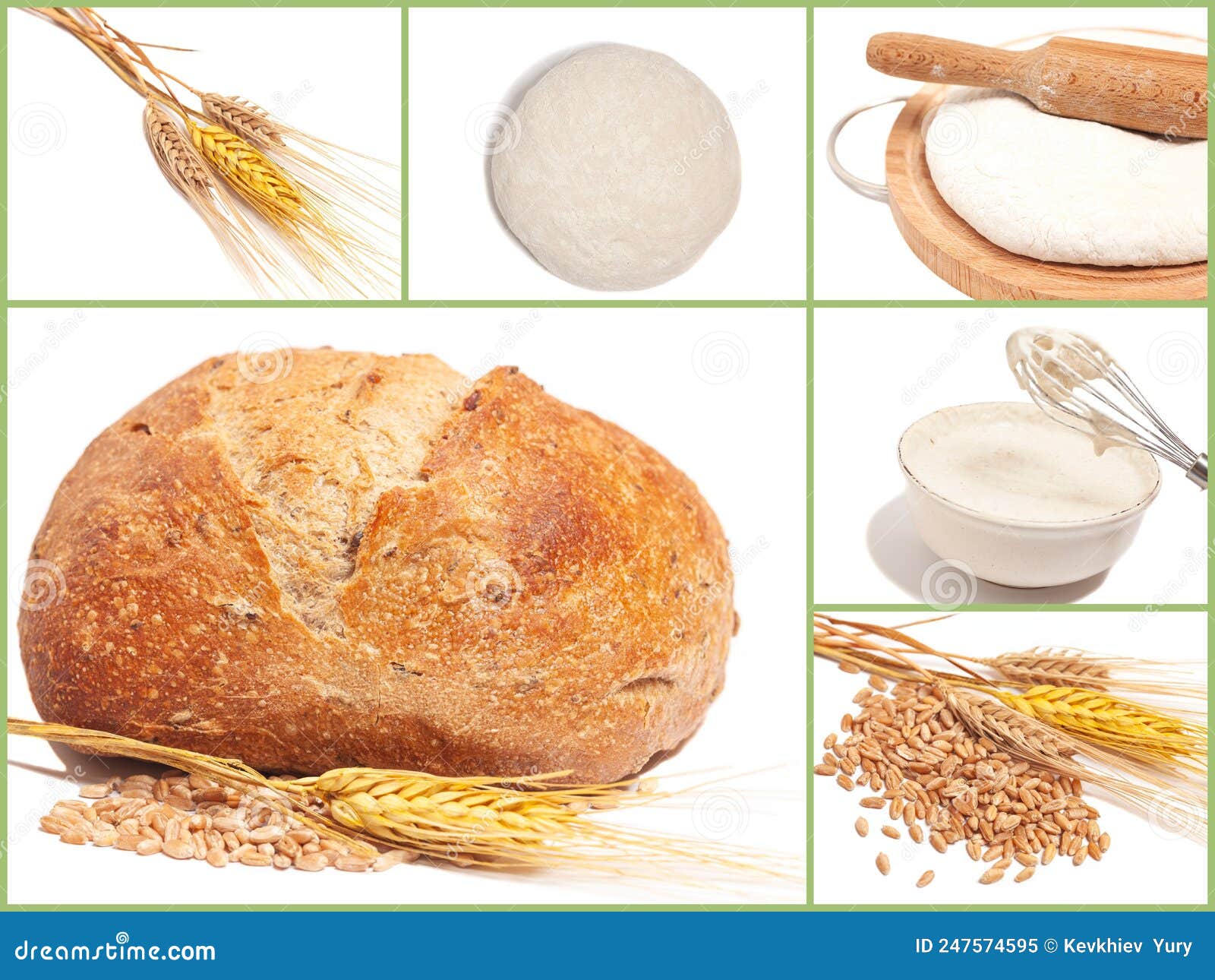 Collage with Bread, Wheat Ears, Wheat Grains,fresh Yeast Dough on ...