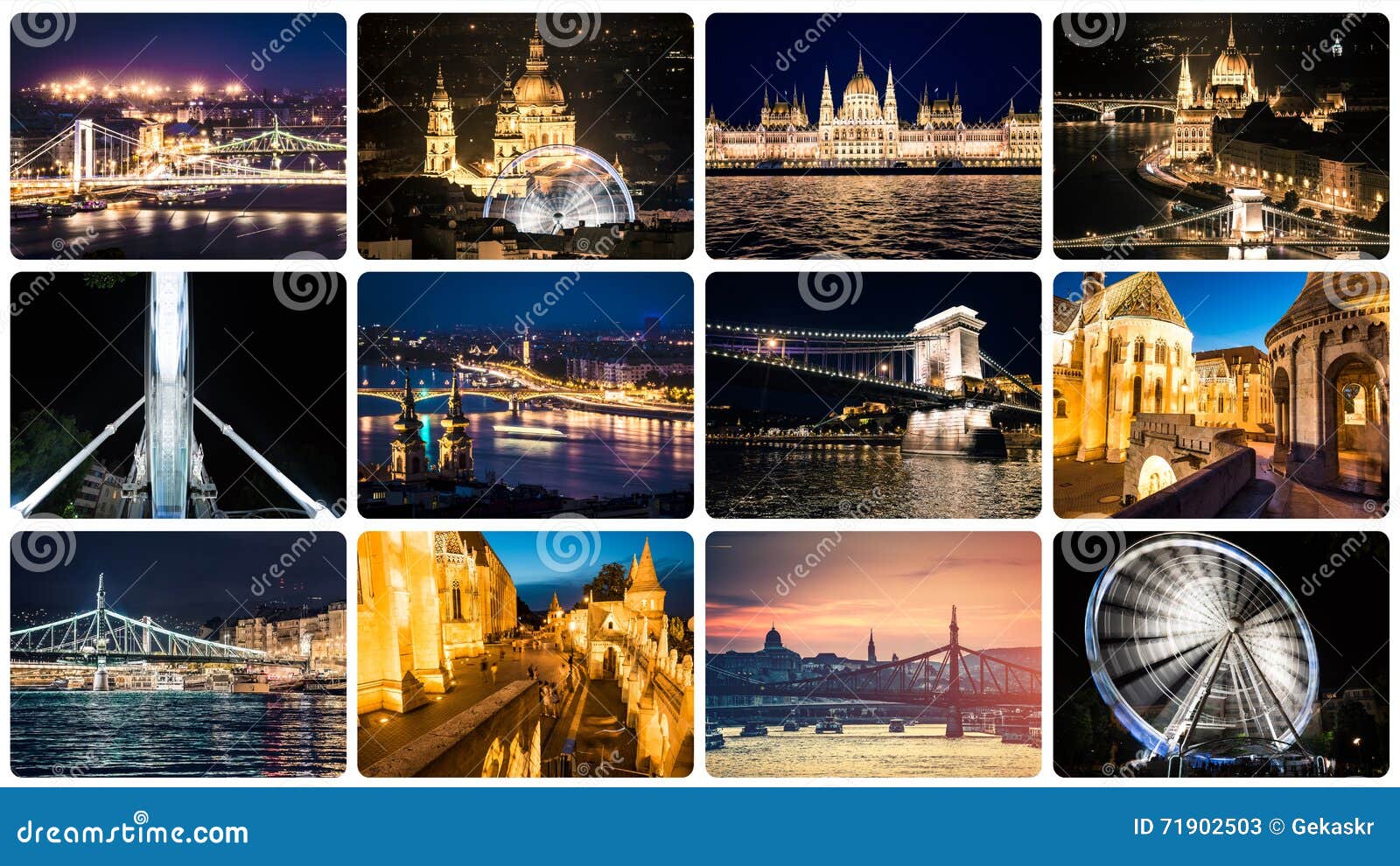 Collage of Budapest Sights at Night Stock Image - Image of danube ...