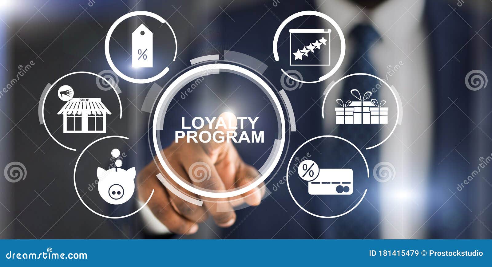 Collage With Businessman Pressing Loyalty Program Button On Virtual ...