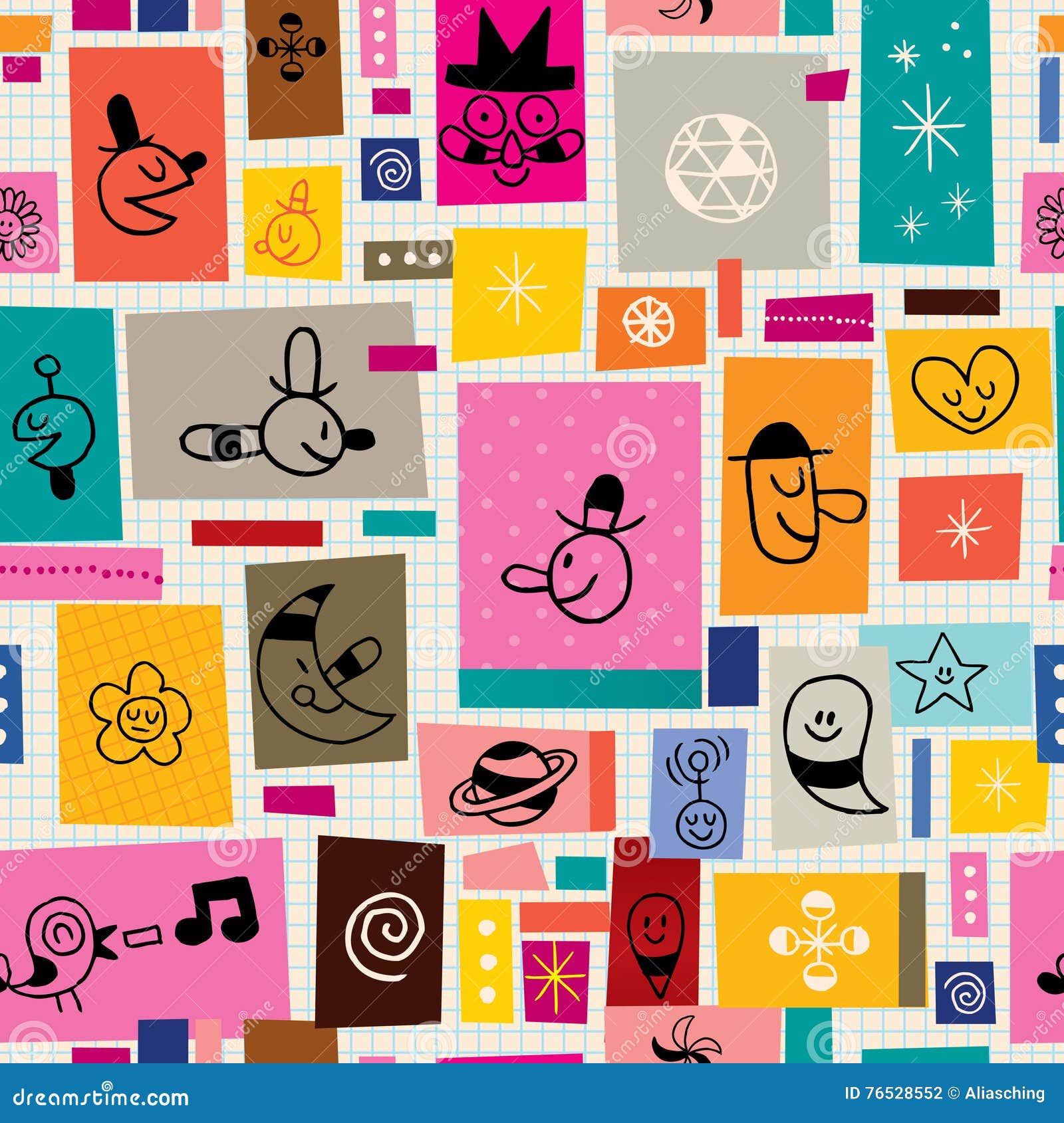 Collage Cartoon Characters Doodle Seamless Pattern Vector Illustration ...