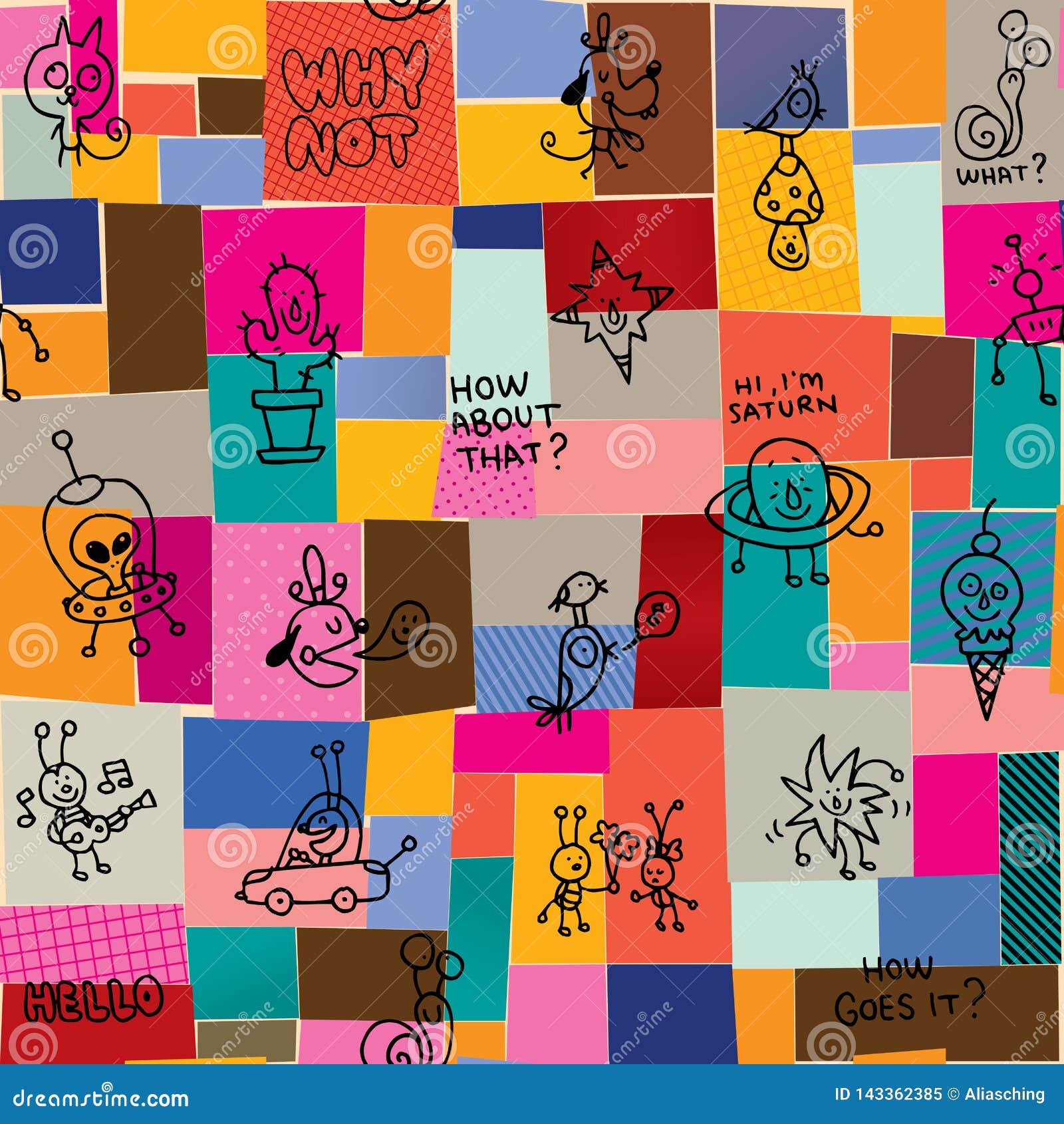 Cartoon Characters Doodles Seamless Pattern Stock Vector - Illustration ...