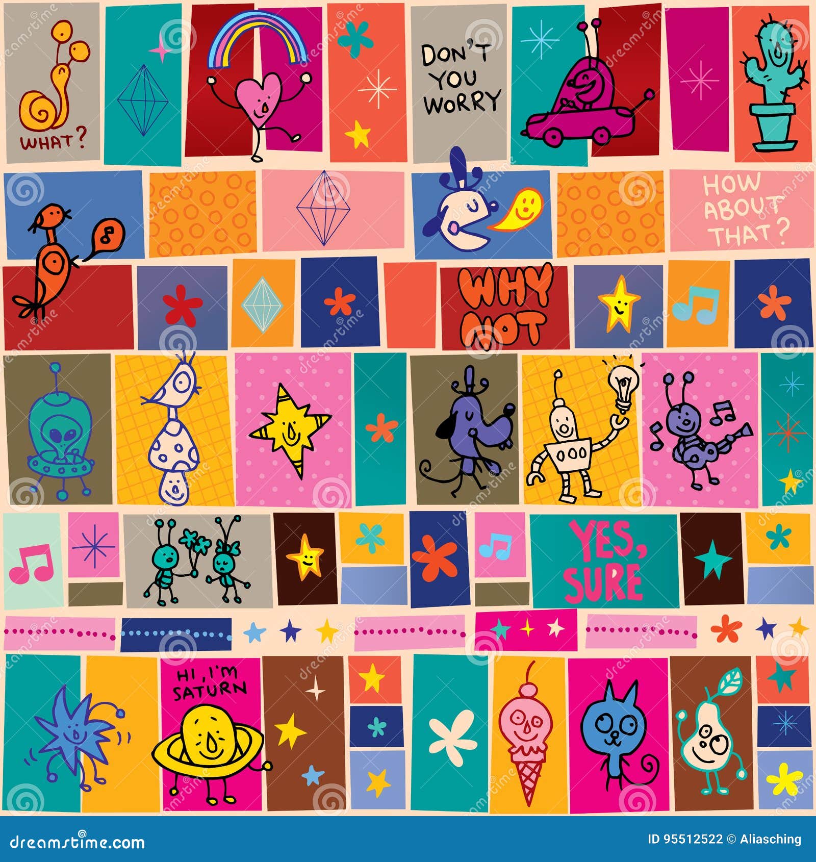 Collage Cartoon Characters Doodle Seamless Pattern Vector Illustration ...