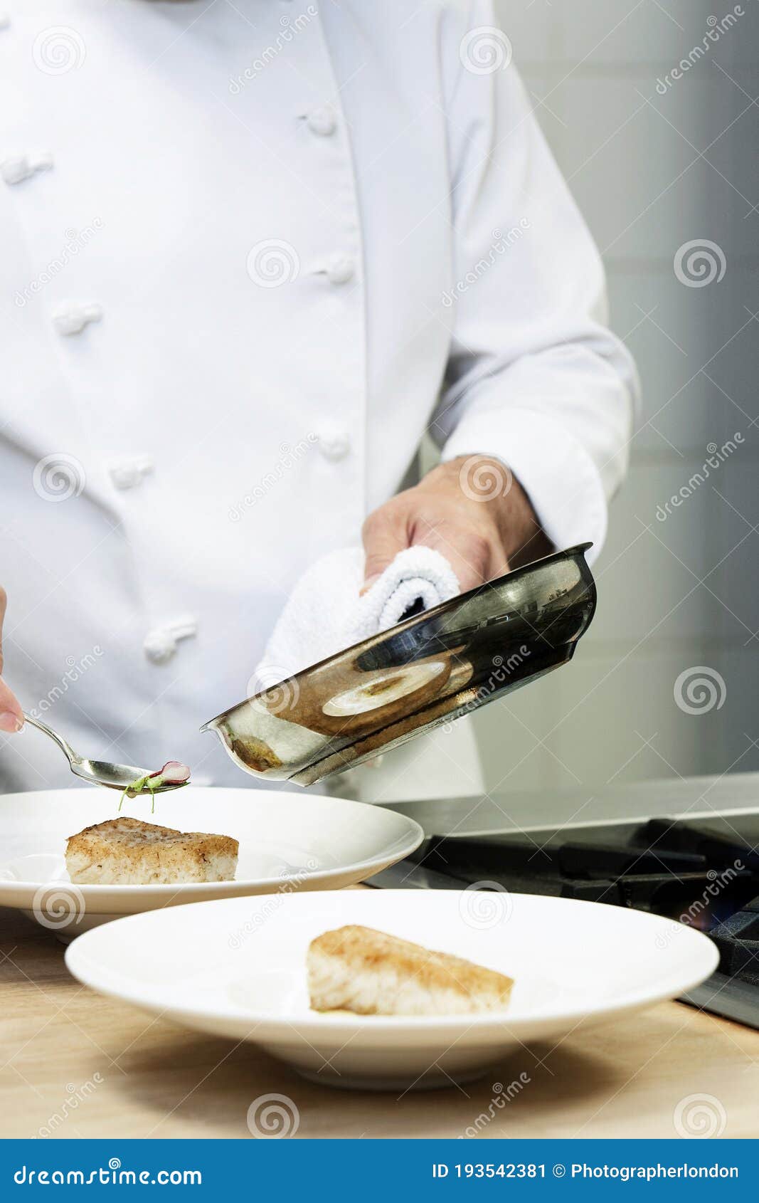Collage of Chef Cooking Pan Fried Cod in Kitchen Stock Image - Image of ...