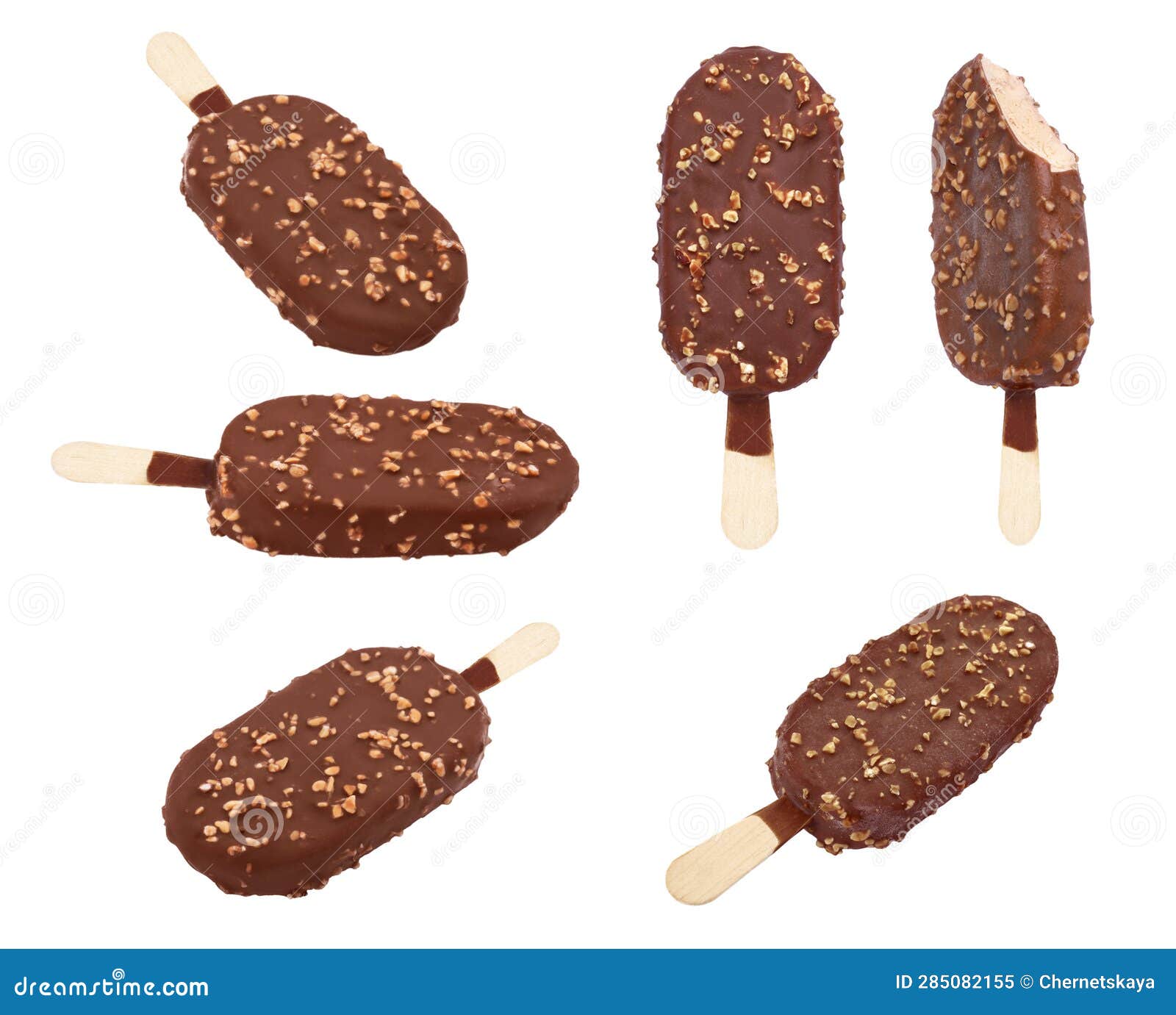 Collage with Chocolate-coated Ice Cream Isolated on White, Different ...