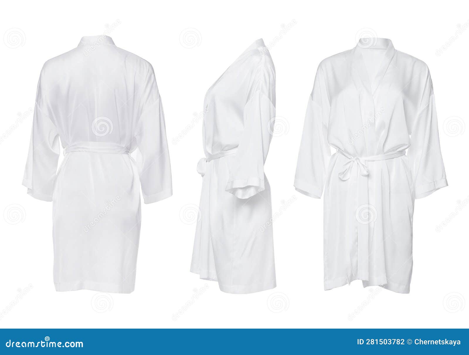 Collage with Clean Silk Bathrobe on White Background, Different Views ...