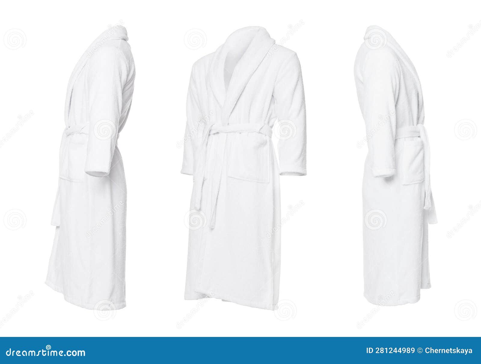 Collage with Clean Terry Bathrobe on White Background, Different Views ...