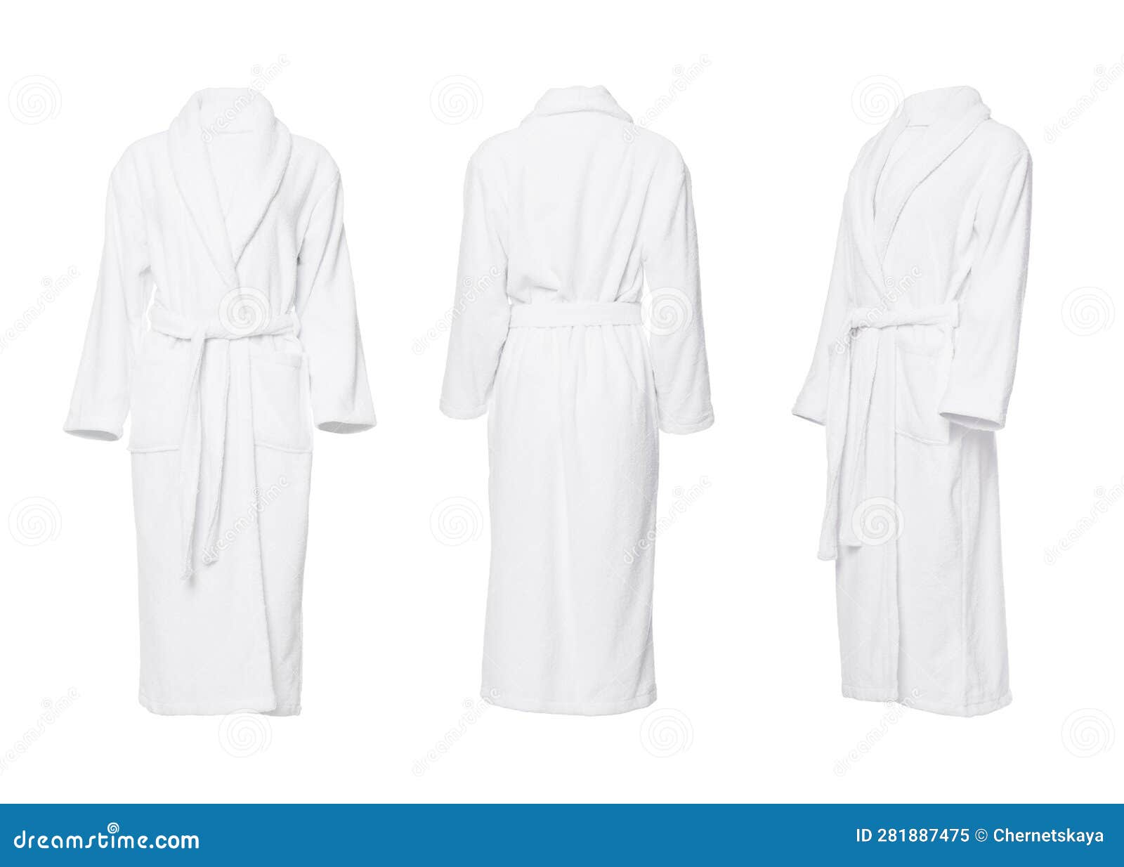 Collage with Clean Terry Bathrobe on White Background, Different Views ...