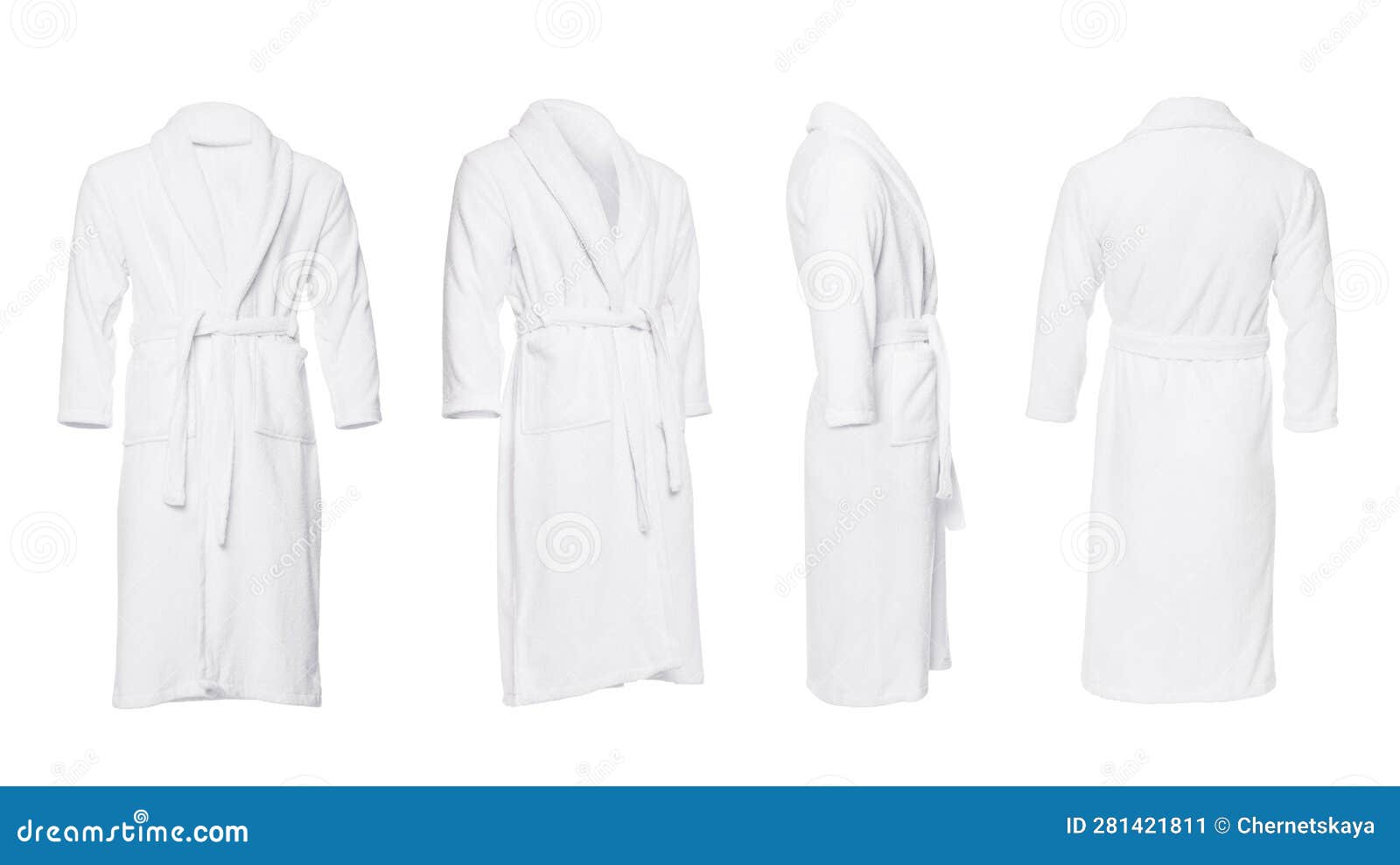 Collage with Clean Terry Bathrobe on White Background, Different Views ...