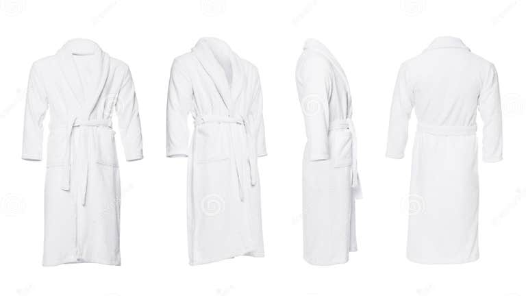 Collage with Clean Terry Bathrobe on White Background, Different Views ...