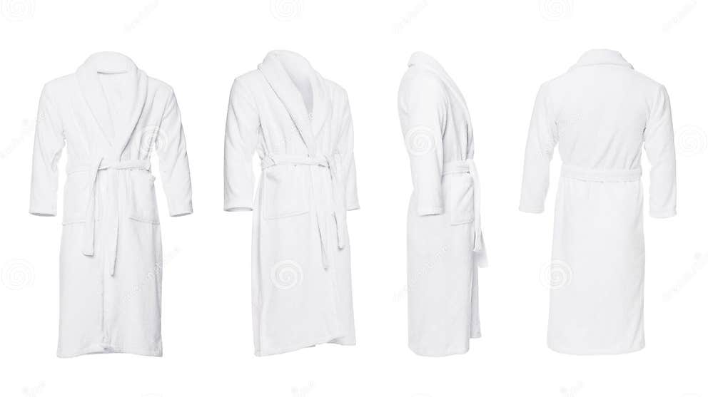 Collage with Clean Terry Bathrobe on White Background, Different Views ...