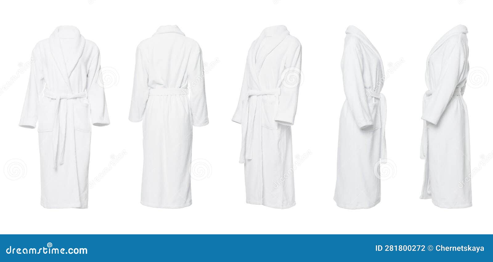 Collage with Clean Terry Bathrobe on White Background, Different Views ...