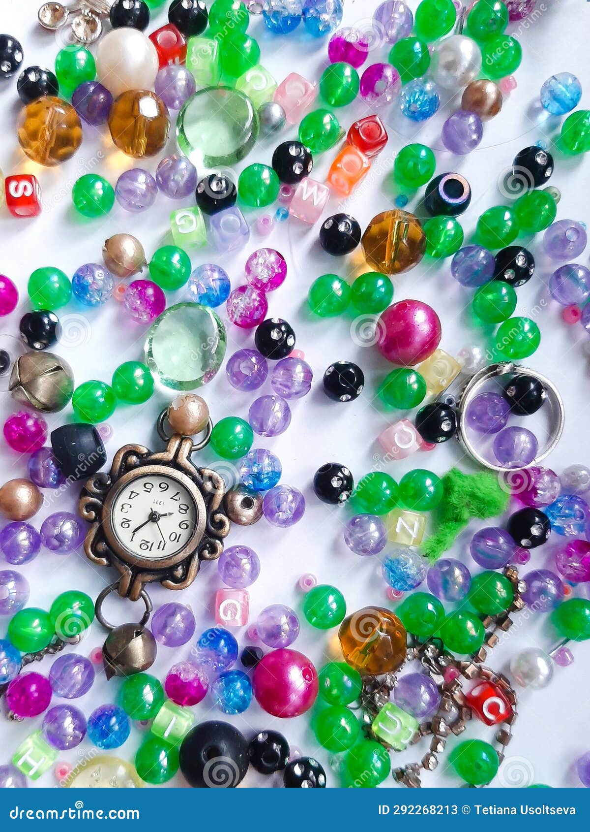 Collage of Colored Beads and Clock in Retro Style on a Light Background ...