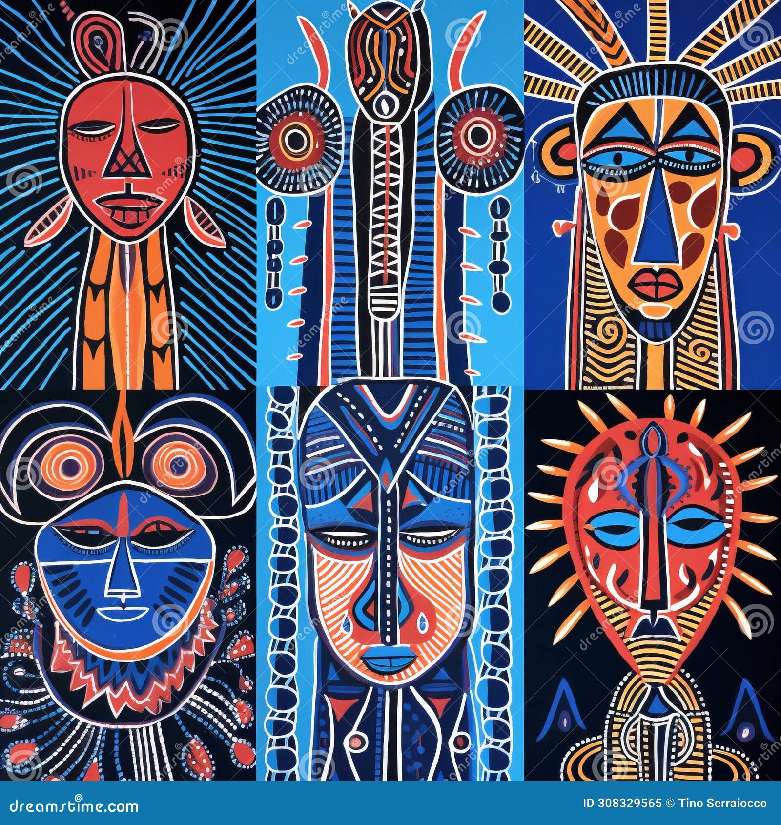 A Collage of Colorful African Masks on a Blue Background Stock Image ...