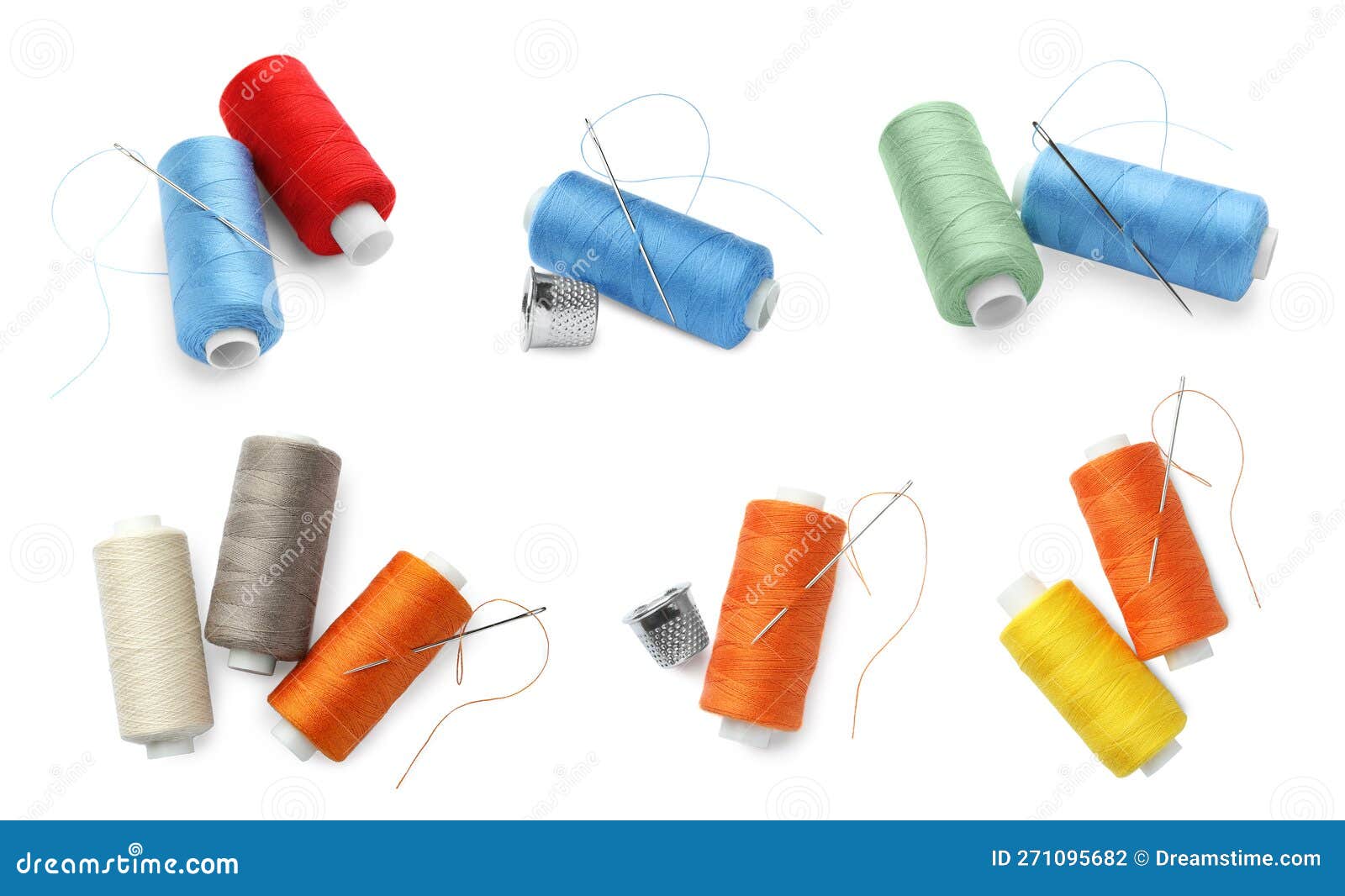 Collage with Colorful Sewing Threads, Needles and Thimbles on White ...
