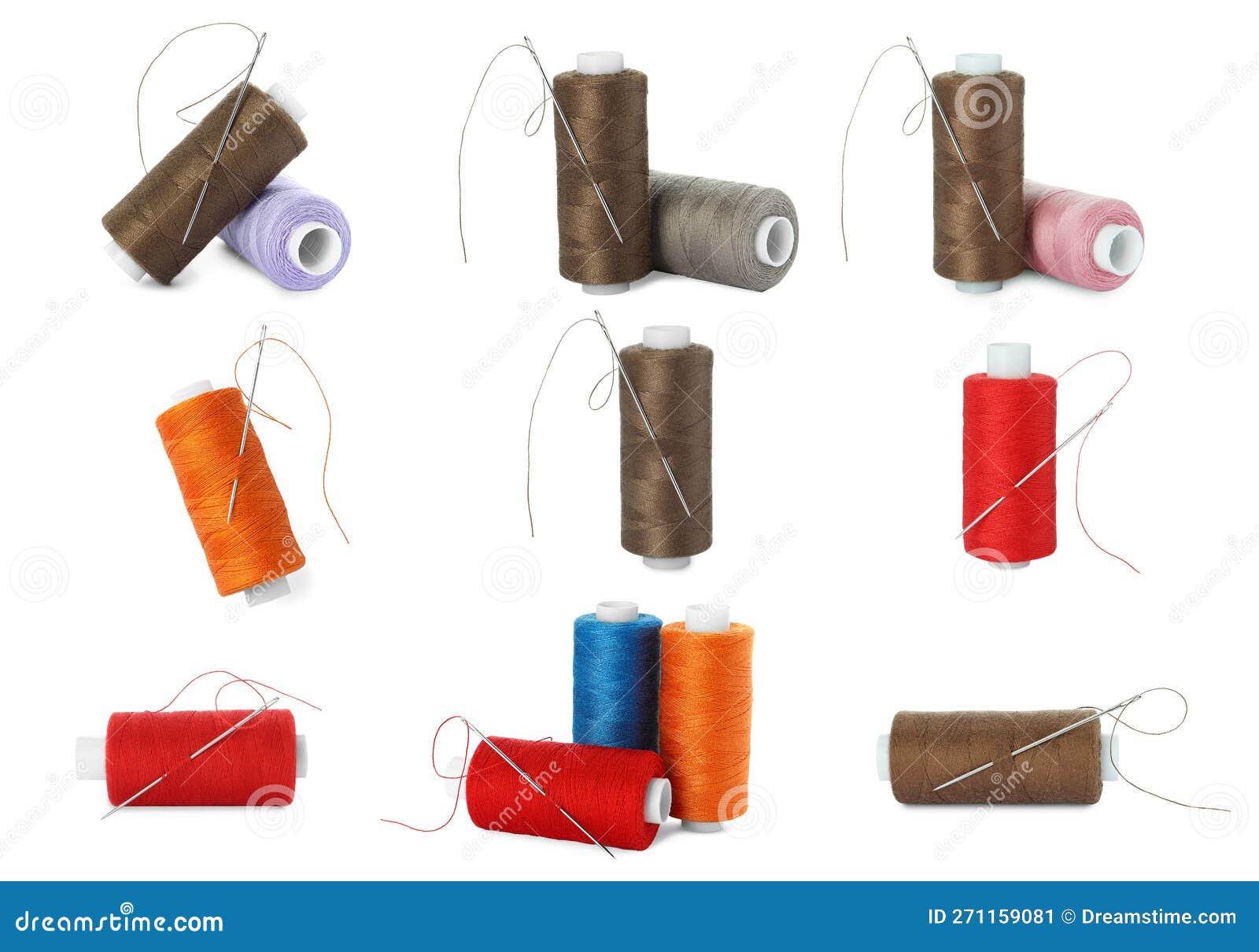 Collage with Colorful Sewing Threads and Needles on White Background ...