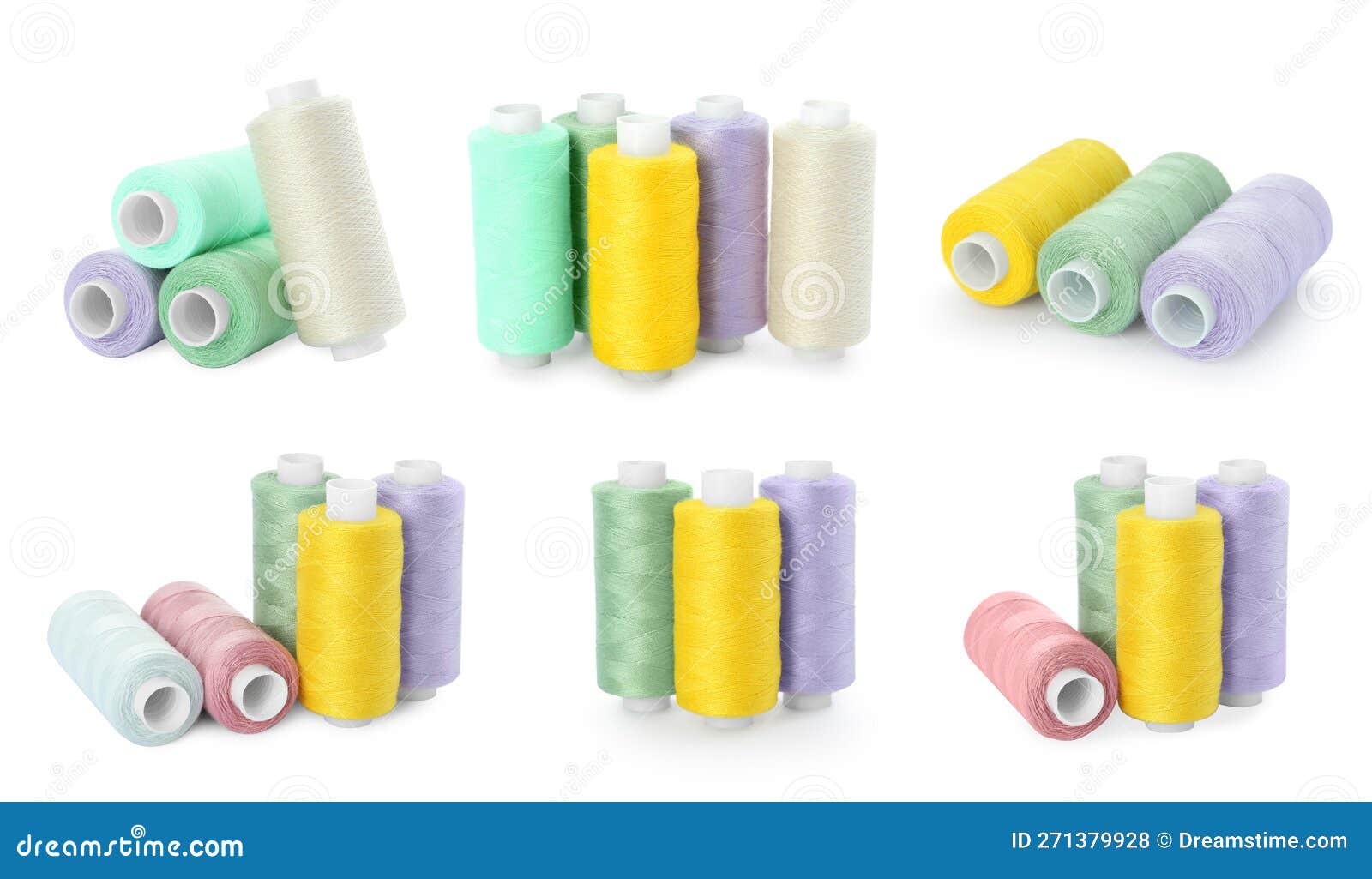 Collage with Colorful Sewing Threads on White Background Stock Photo ...