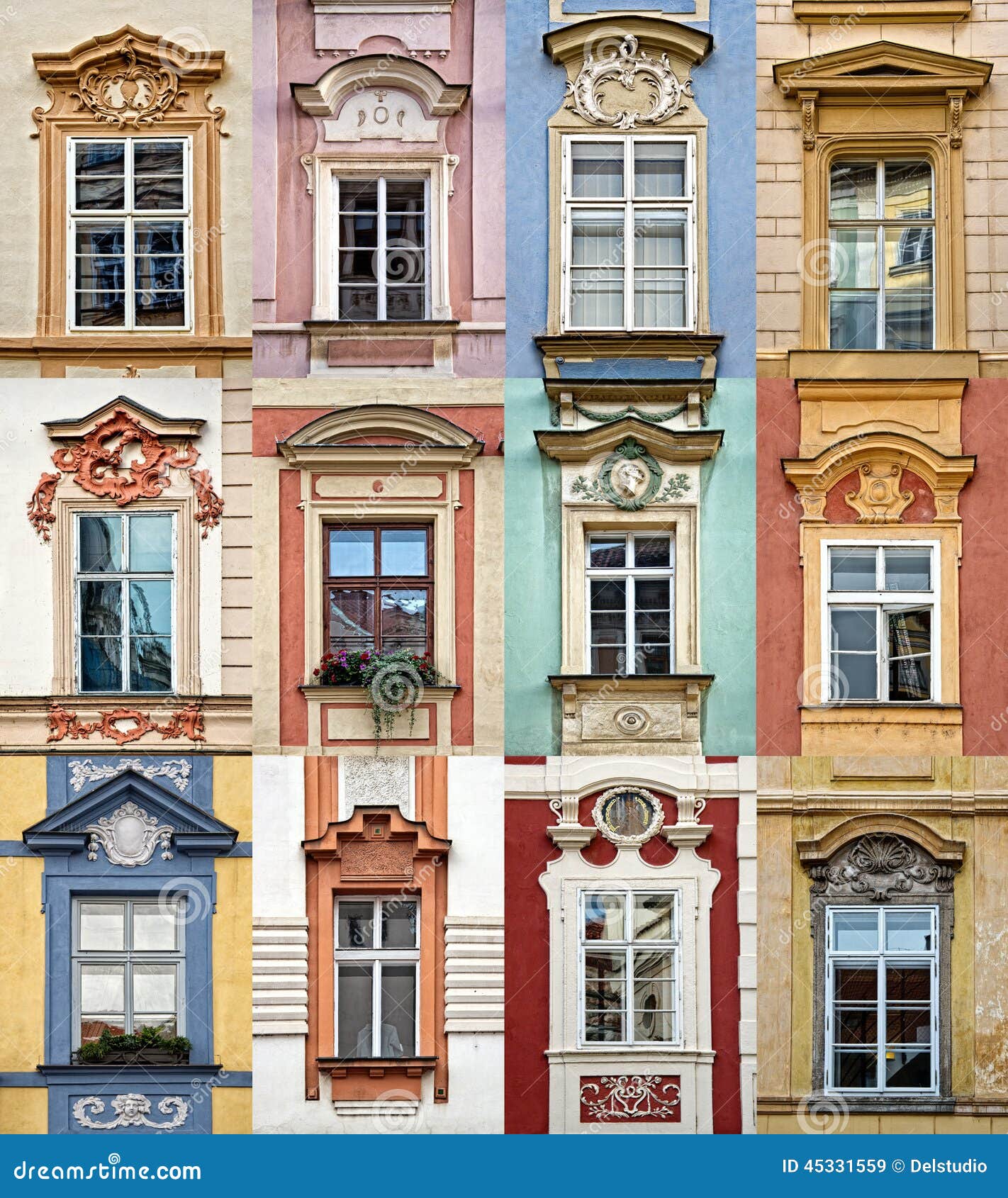 Collage of Colorful Windows with Pediment of Prague Stock Image - Image ...