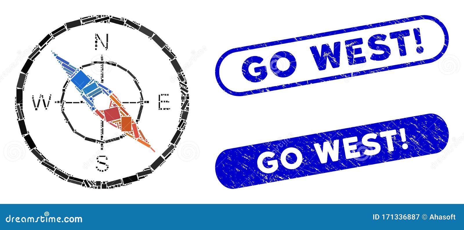 Rectangle Collage Compass with Textured Go West! Stamps Stock Vector ...