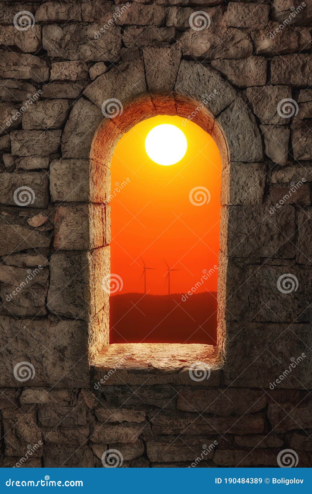 Stone War Tower Window with Sunset Landscape Stock Image - Image of ...