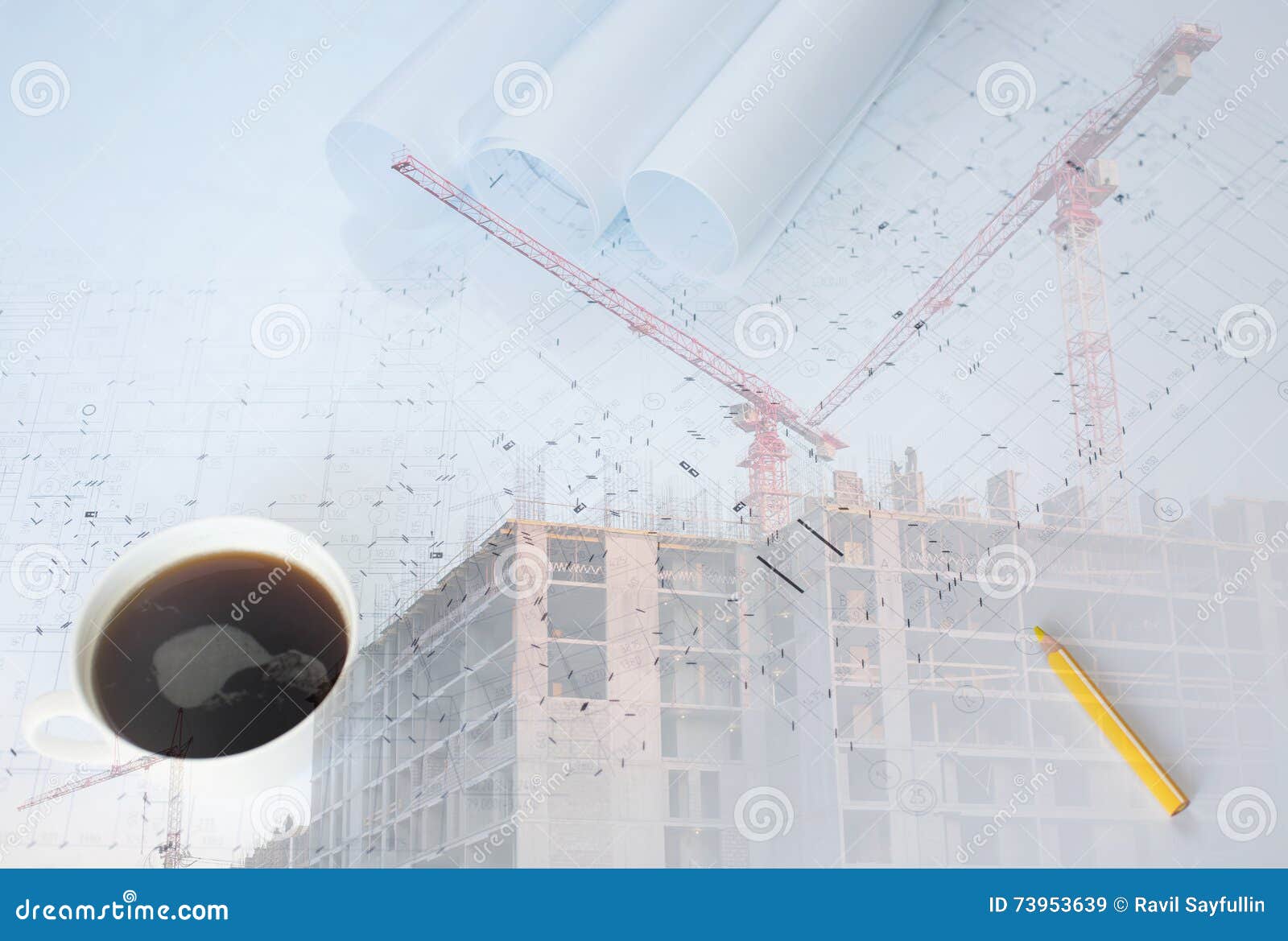 Collage with Construction Plans, Building and Cranes Stock Image ...
