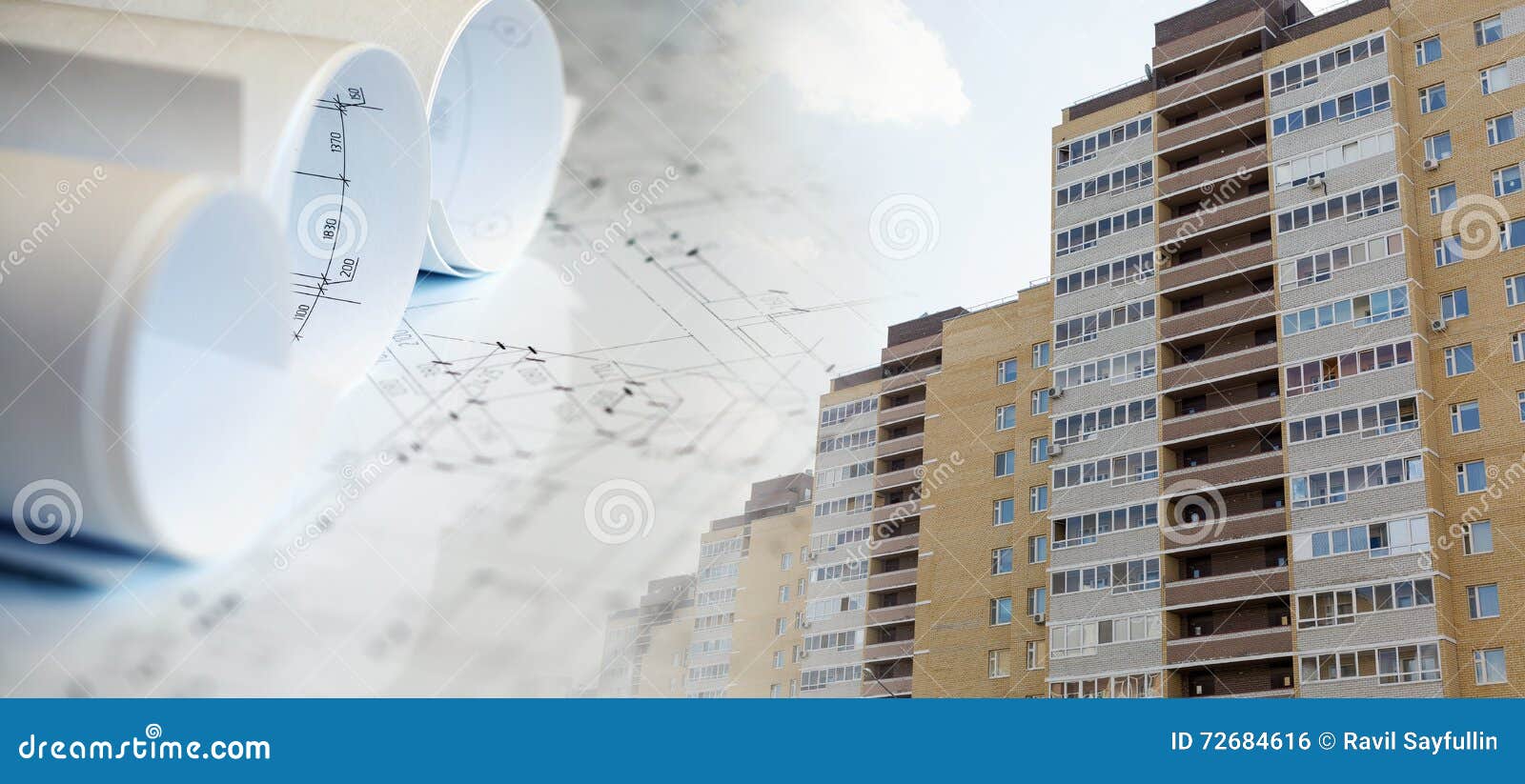 Collage with Construction Plans and a Modern Building Stock Photo ...