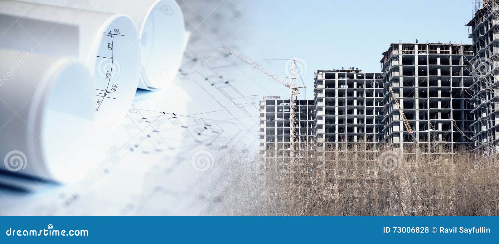 Collage with Construction Plans and a Modern Building Stock Photo ...
