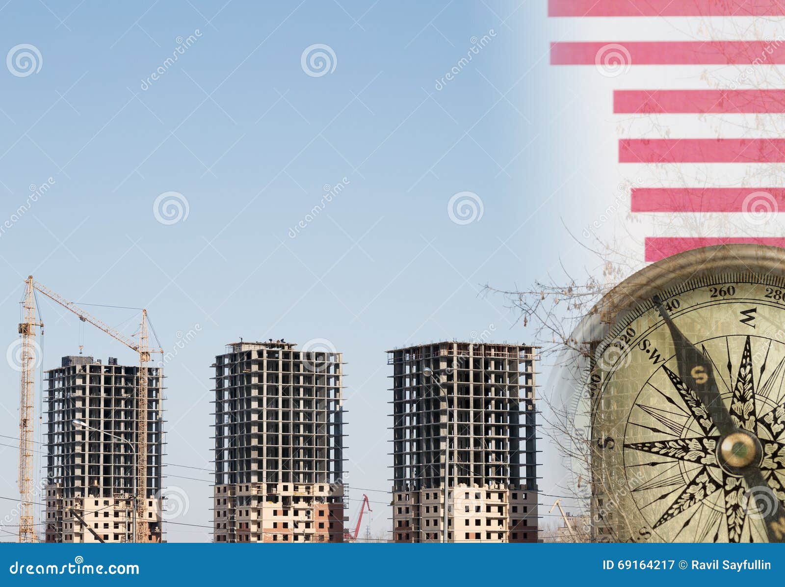 Collage with Construction Site, Cranes and a Compass Stock Image ...