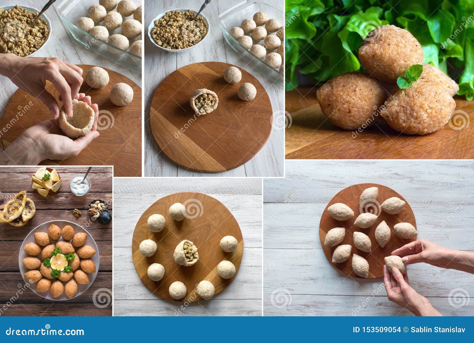 Collage of Cooking Arabic Meat Appetizer Kibbeh. Traditional Arabic ...