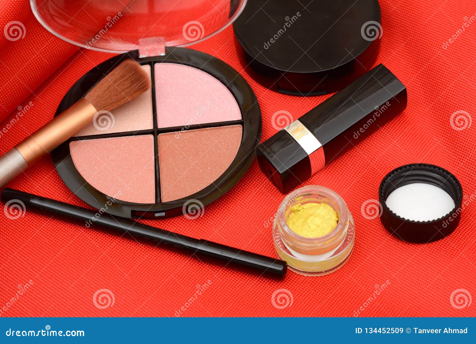 Collage of Cosmetics, Makeup Material on Red Fabric Stock Image - Image ...