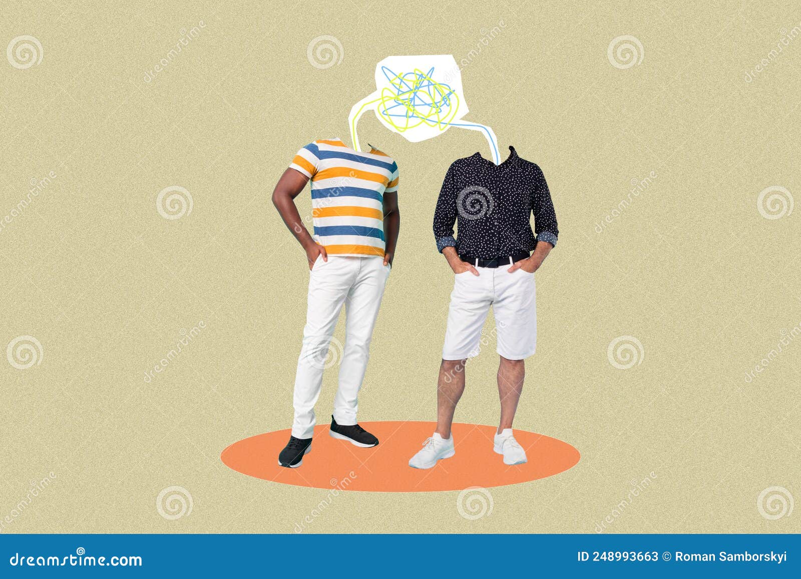 Collage Creative Image of Two People Standing Solve Mutual Thoughts ...