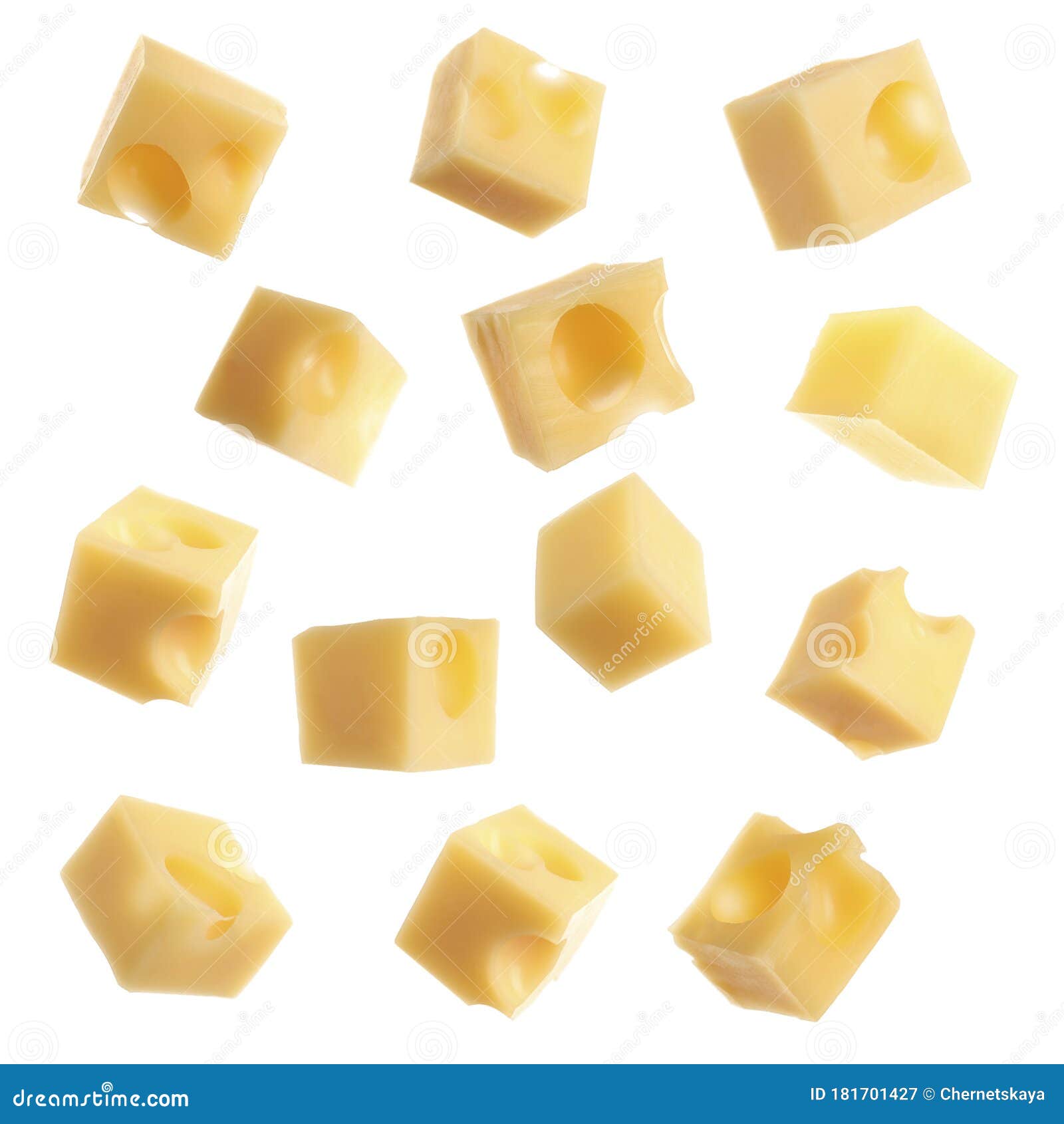 Collage with Cubes of Cheese Falling on Background Stock Image - Image ...