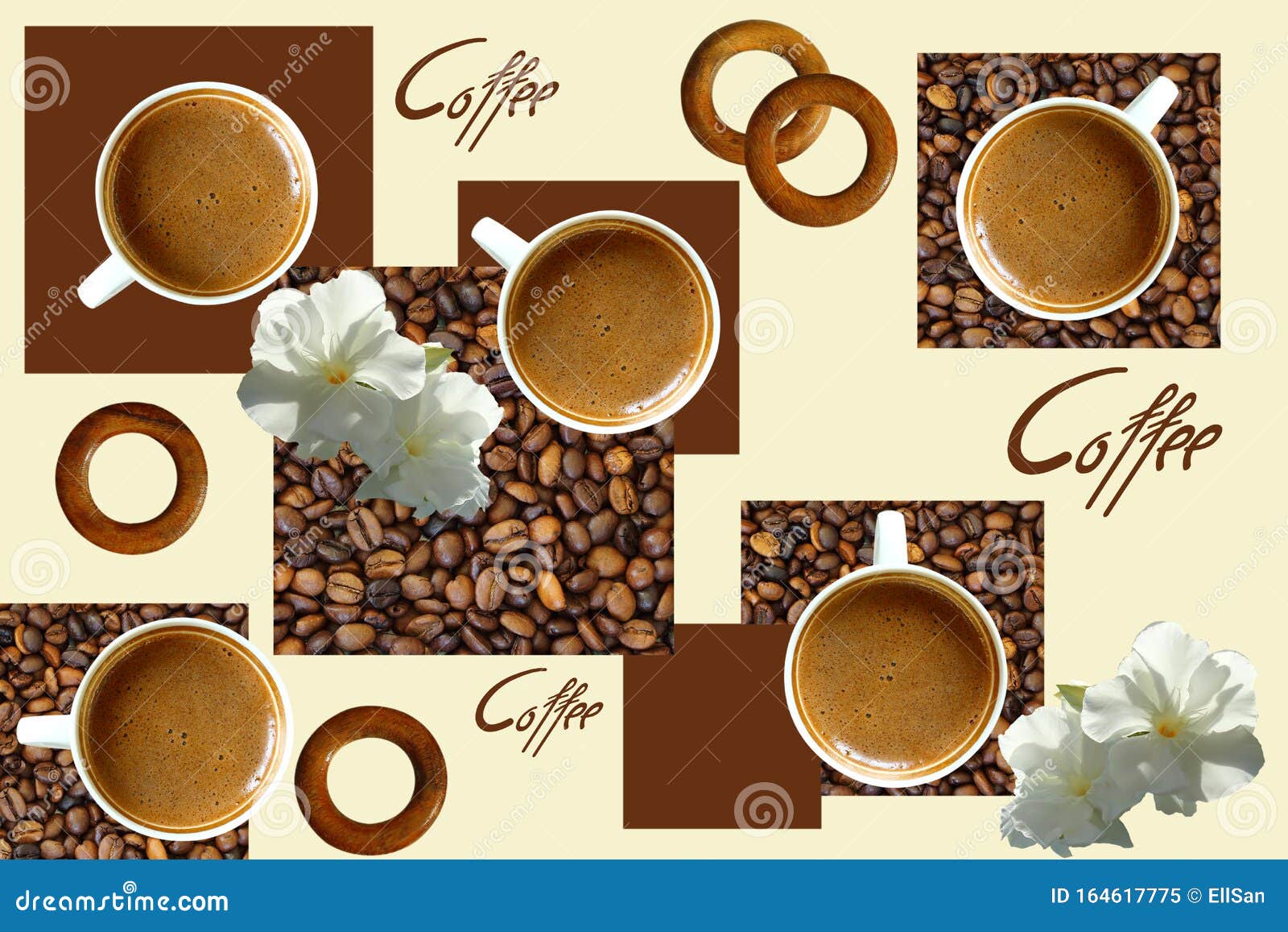 Collage of Cups of Coffee, Beans, Flowers. Stock Image - Image of black ...