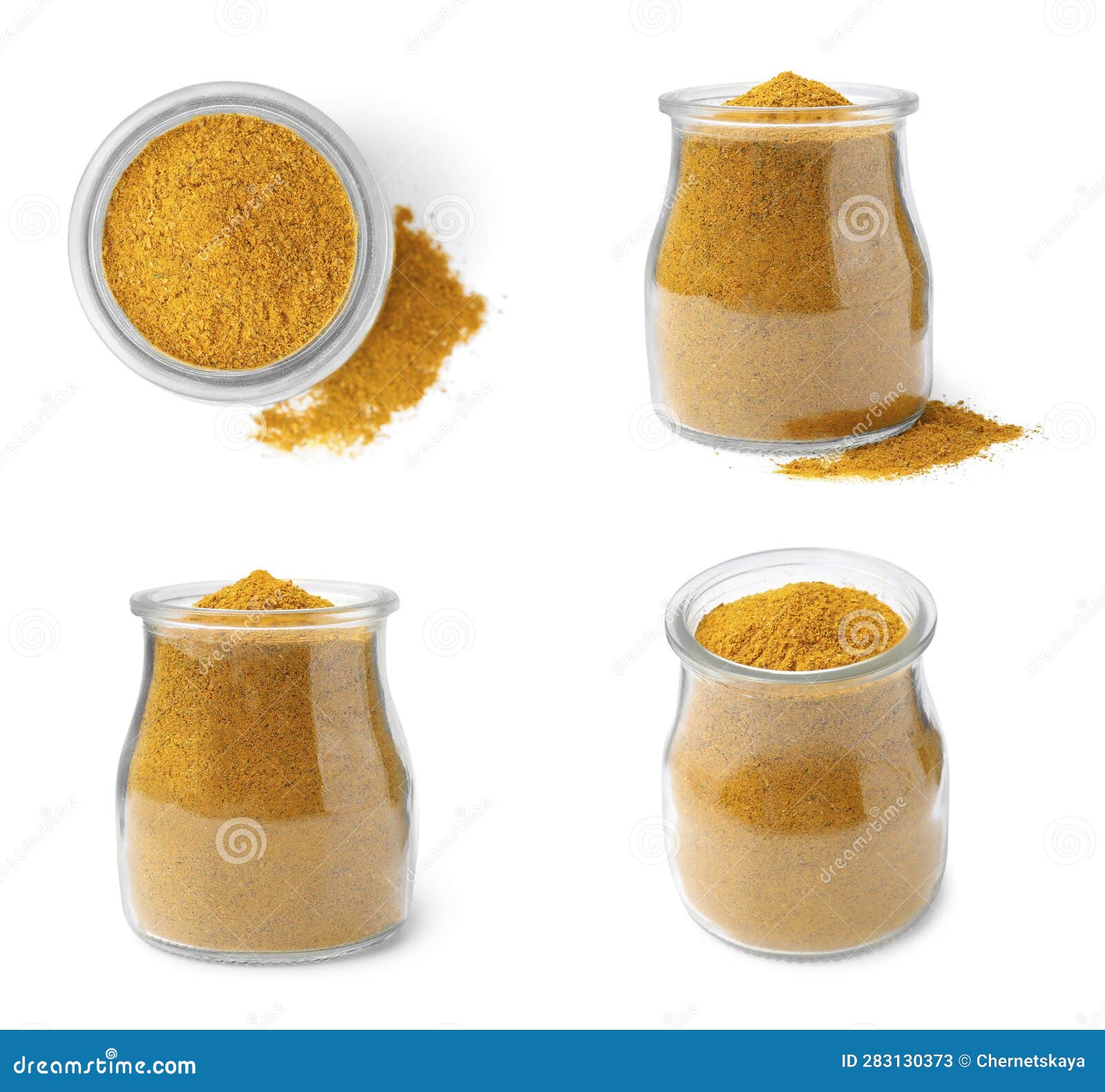 Collage with Curry Powder in Glass Jar on White, Different Sides Stock ...