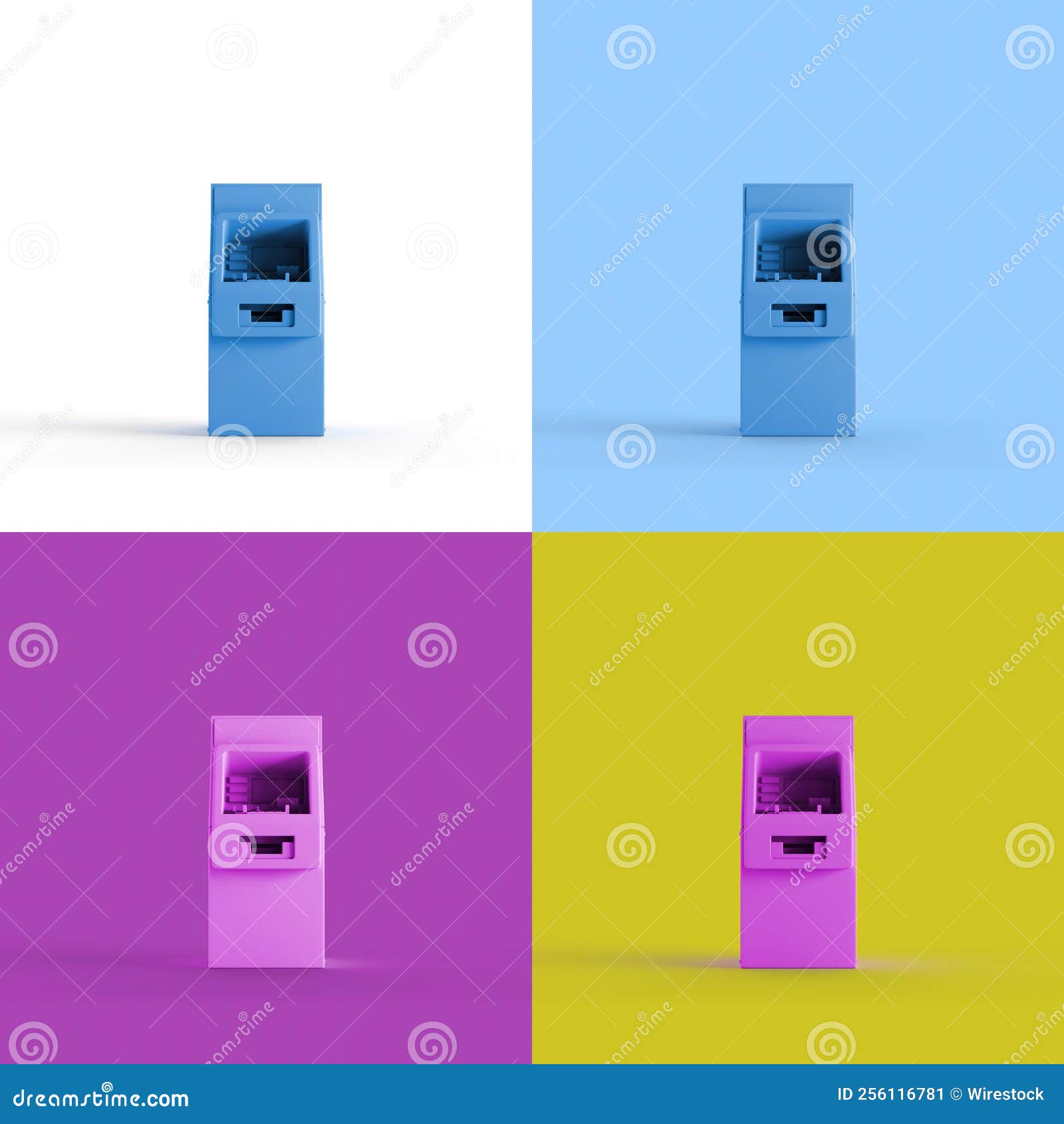 Collage of 3D Rendered ATM Terminals in Four Different Vibrant Colors ...