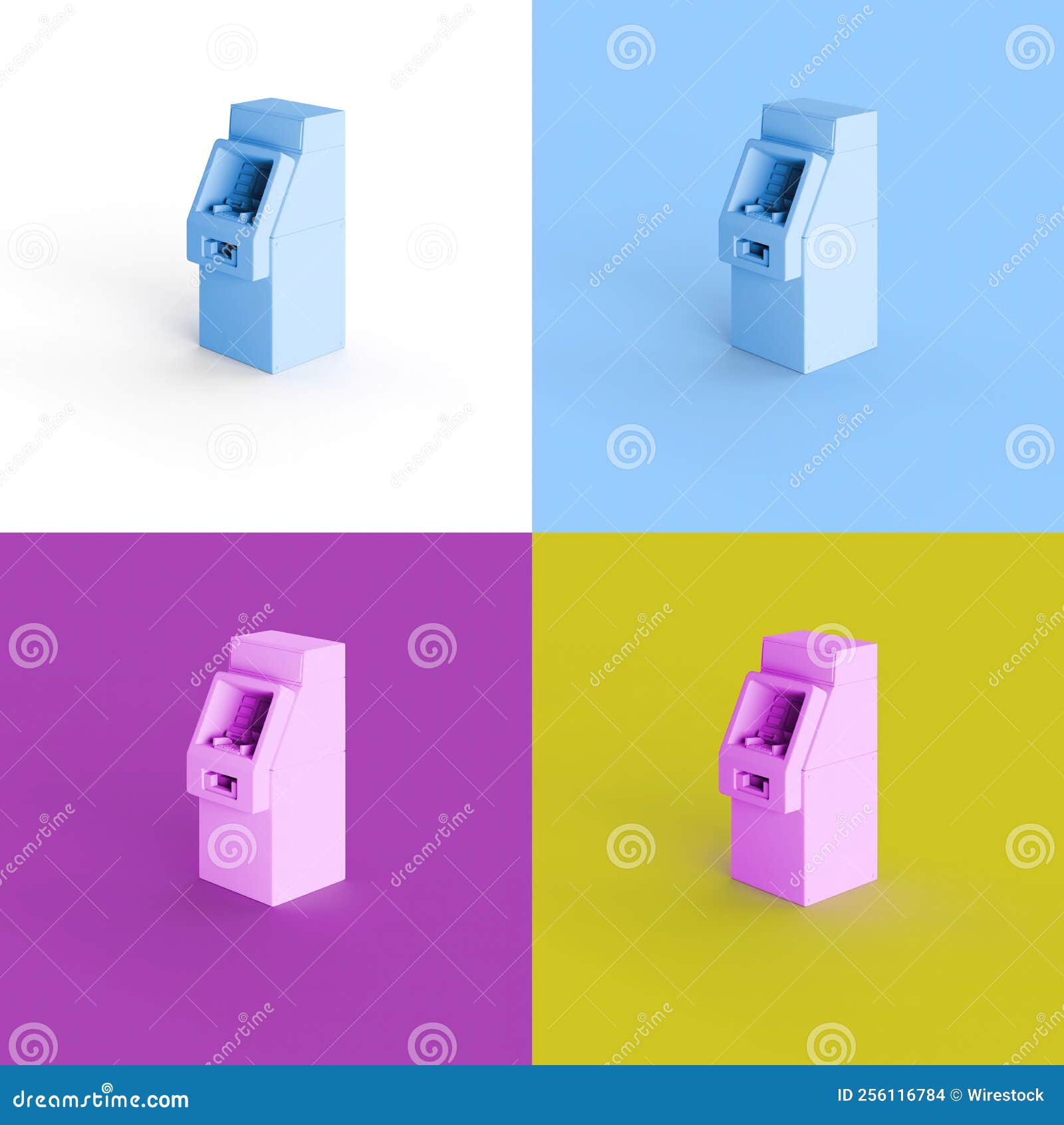 Collage of 3D Rendered ATM Terminals in Four Different Vibrant Colors ...